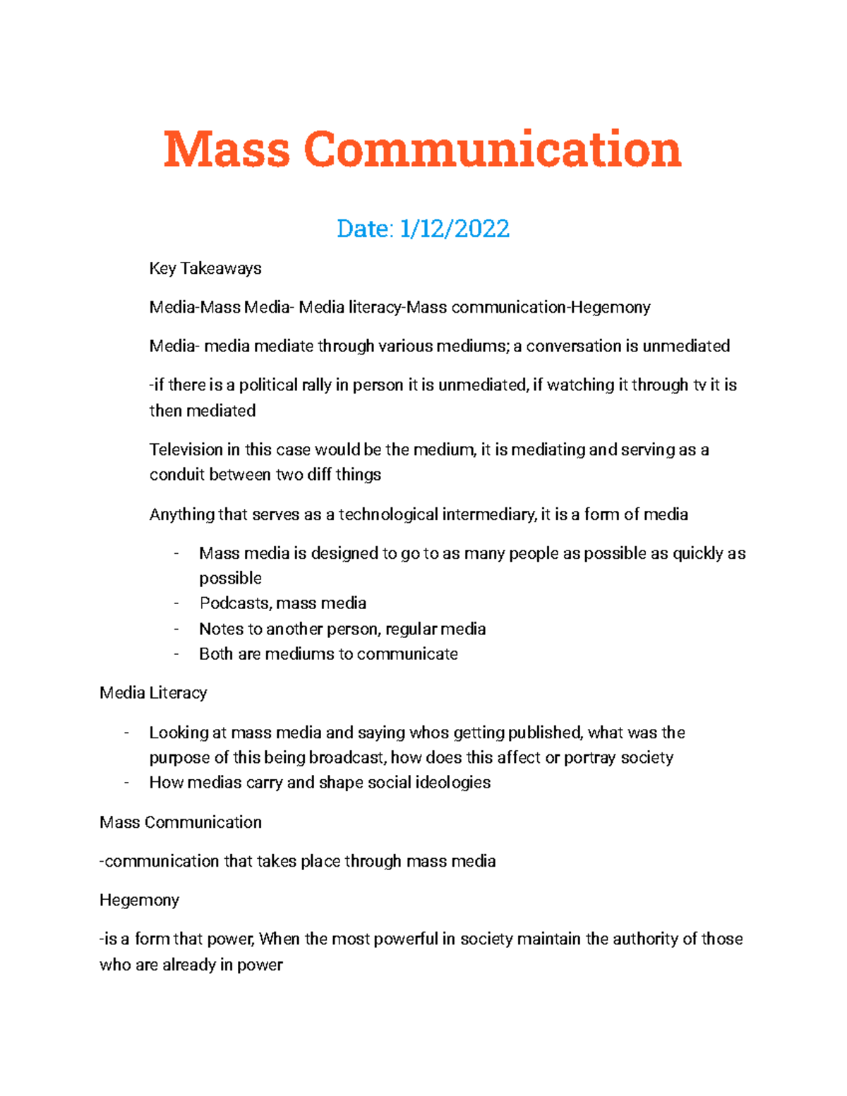 Class notes - Media-Mass Media- Media literacy-Mass communication ...