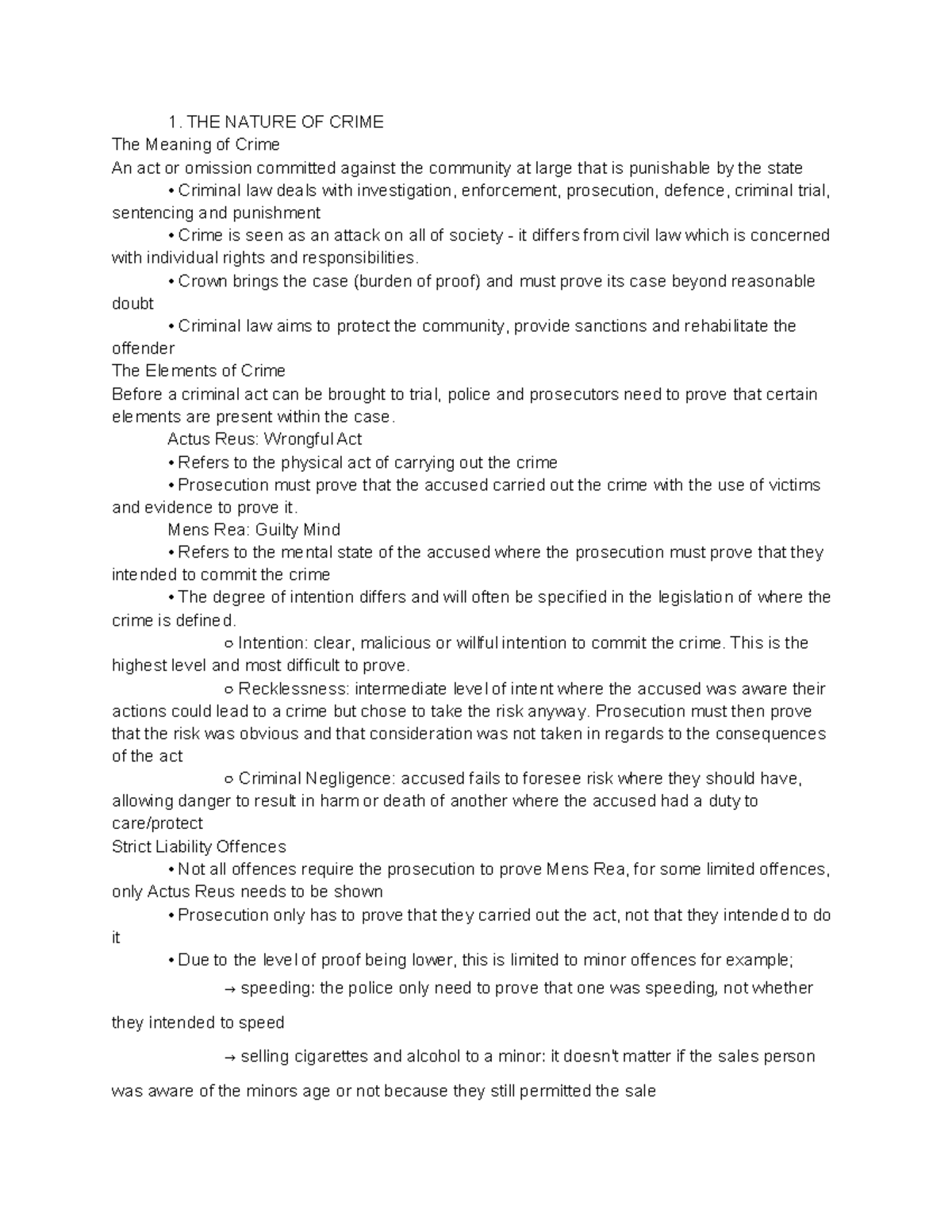 Crime - Complete Notes - 1. THE NATURE OF CRIME The Meaning of Crime An ...