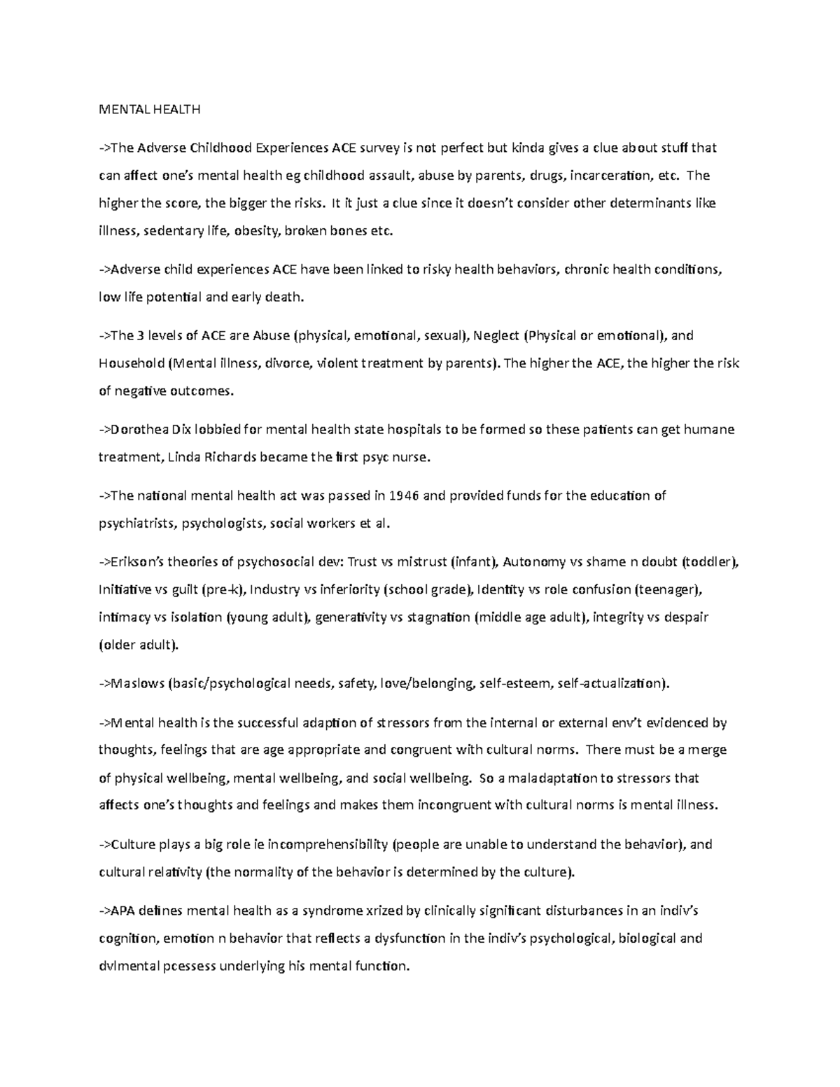 Class Notes for exam preparations - MENTAL HEALTH ->The Adverse ...