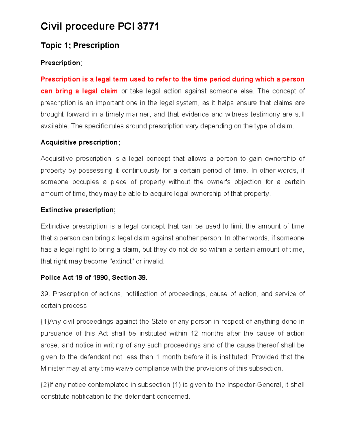 Civil Procedure notes Julia Lidker 2023 - Topic 1; Prescription ...