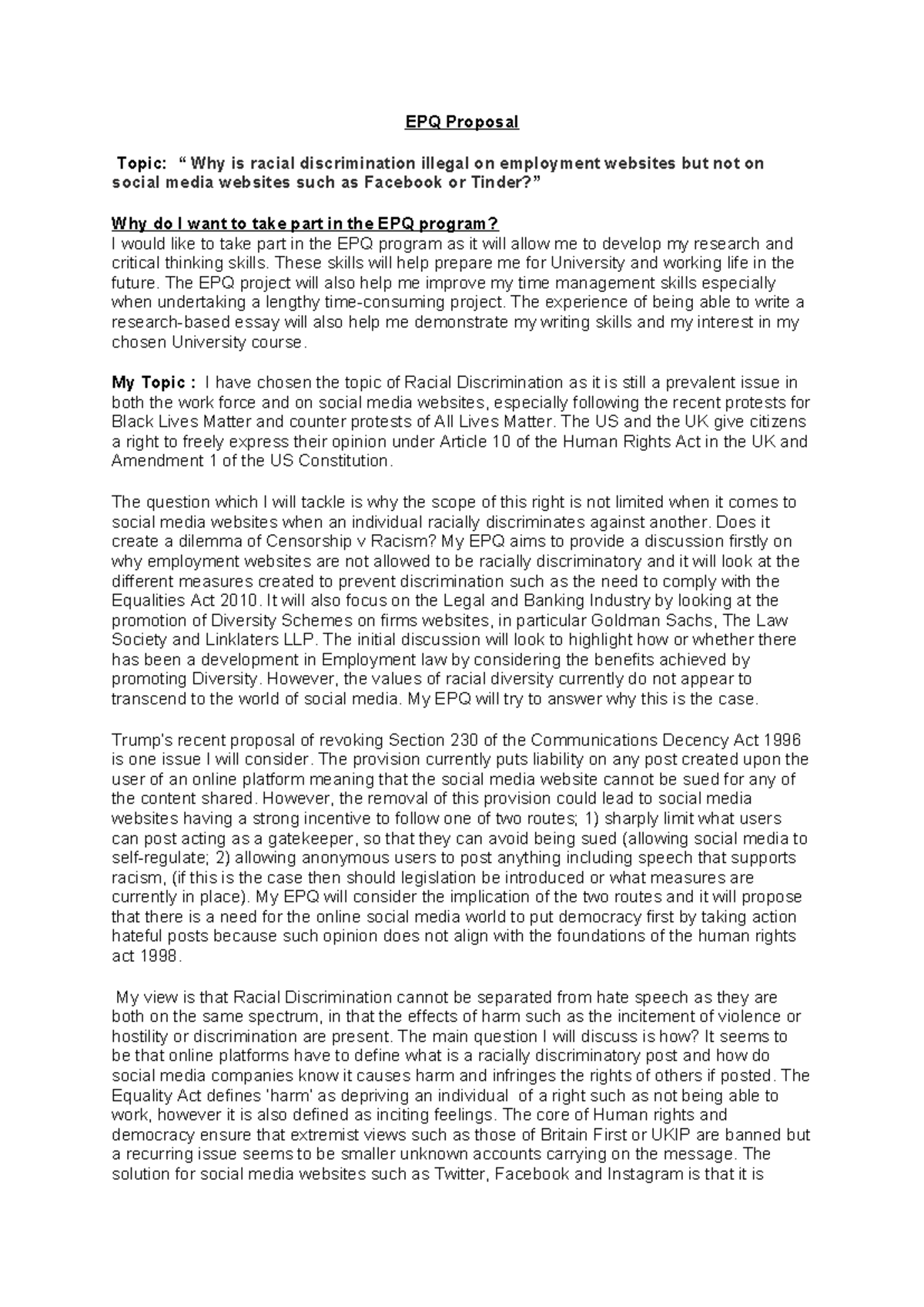 Epq proposal - mrdtfygvbhjnkml;, - EPQ Proposal Topic: “ Why is racial ...