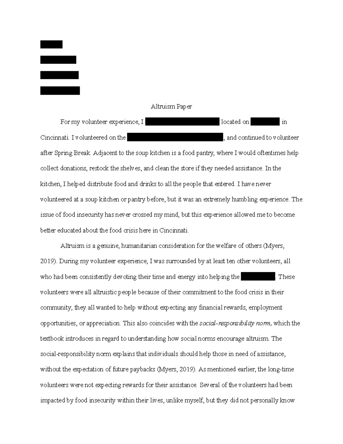 Altruism Paper (PSYC-261) - Nice try Professor idk PSYC-261- April 21 ...