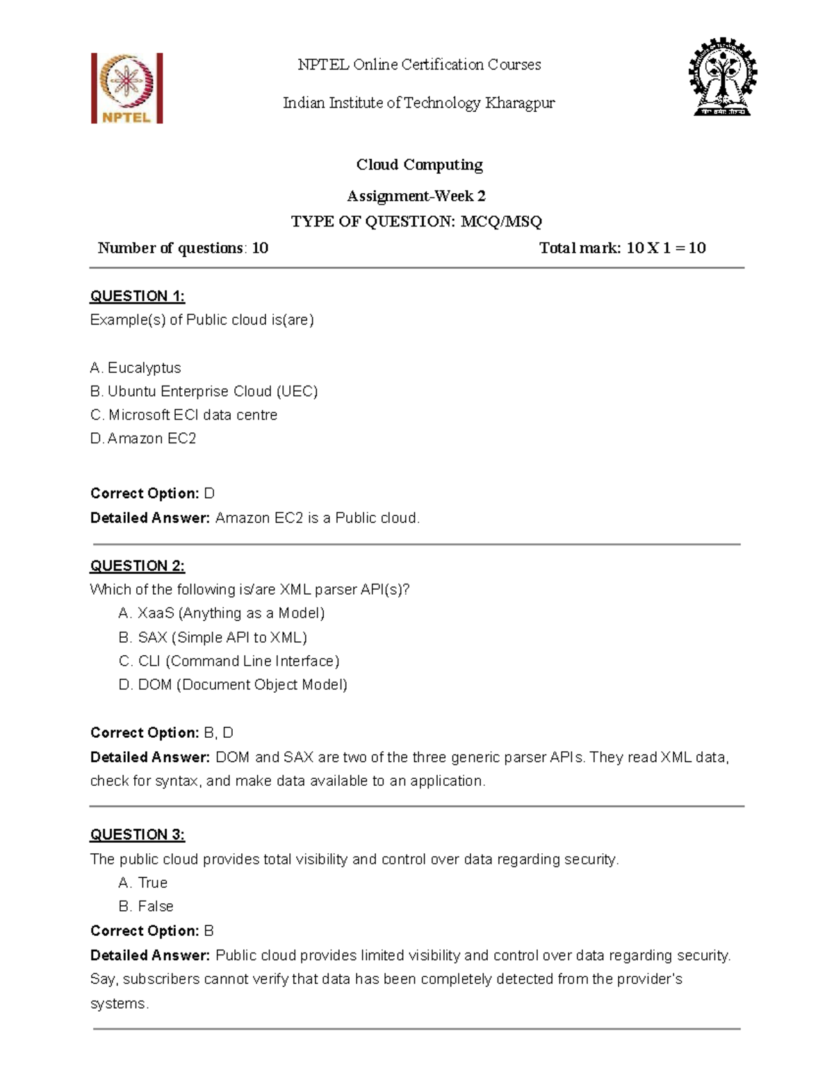 Nptel CC Assignment 2 - DASD SDFASF - Indian Institute of Technology ...