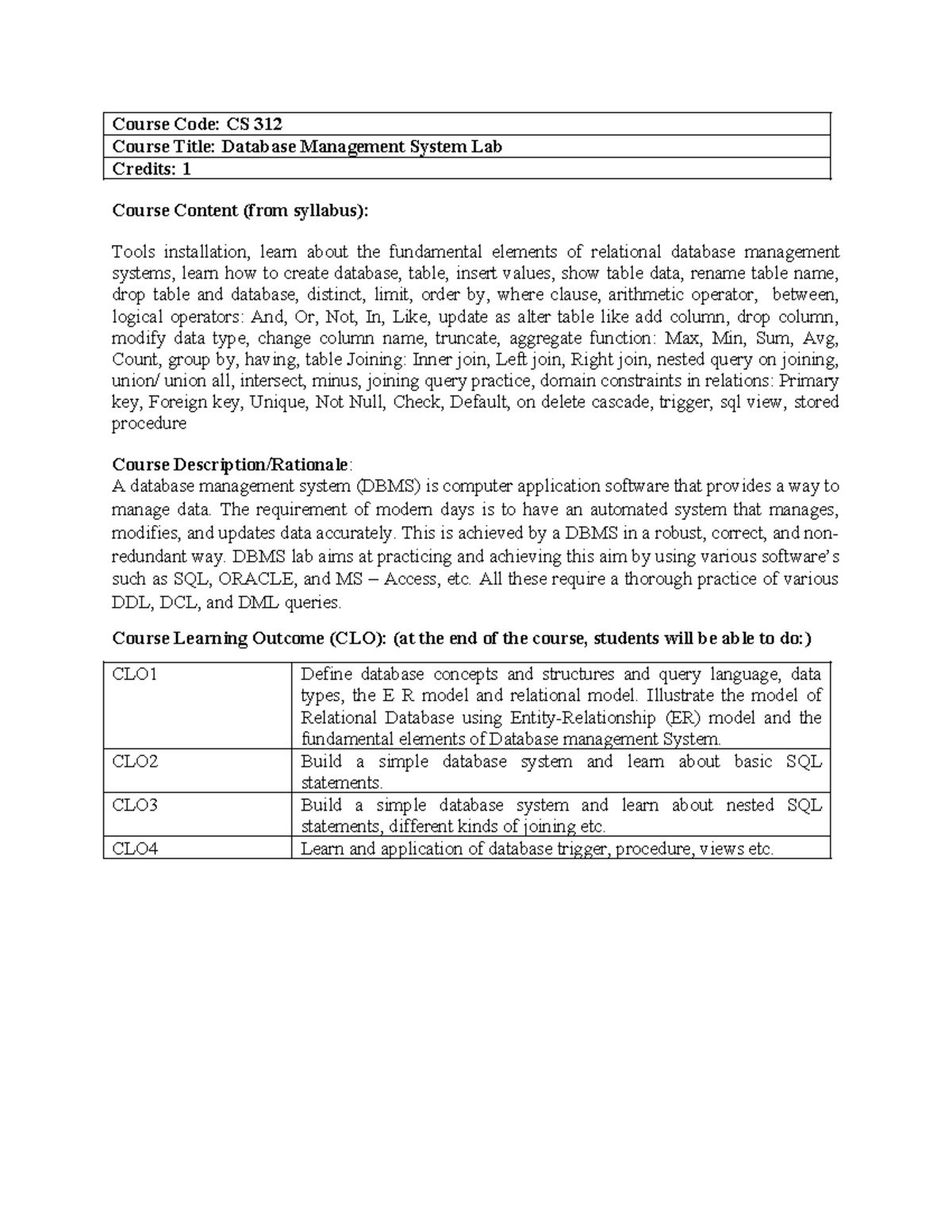 OBE CSE312 DBMS Lab Course Outline - Course Code: CS 312 Course Title: Database Management ...