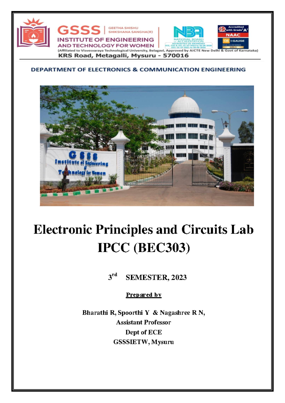 EPC lab manual-1 - Electronic Principles and Circuits Lab IPCC (BEC303) 3 rd SEMESTER, 2023 ...