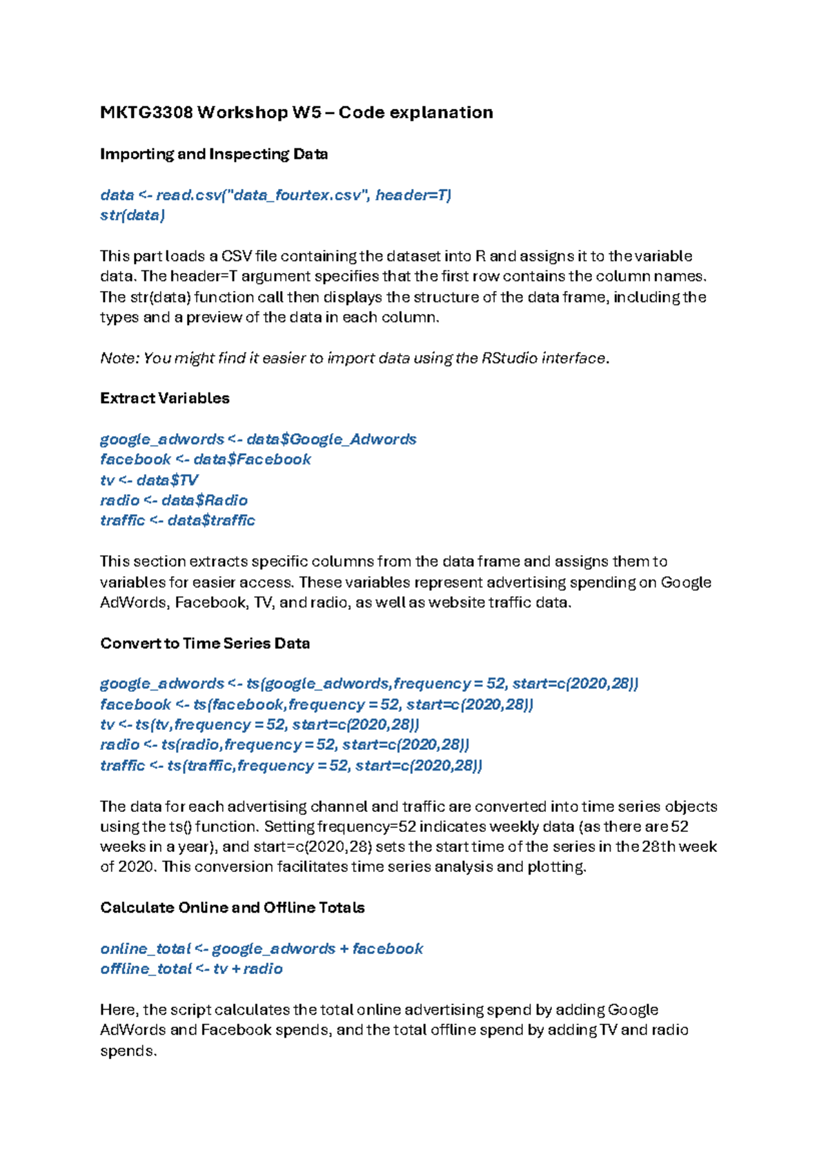 Wk 5 cheat sheet - MKTG3308 Workshop W 5 – Code explanation Importing ...