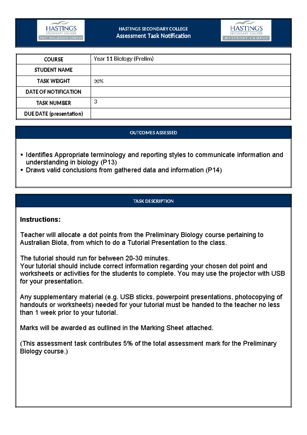 Hastings S. C. Assessment Task Notification - HASTINGS SECONDARY ...