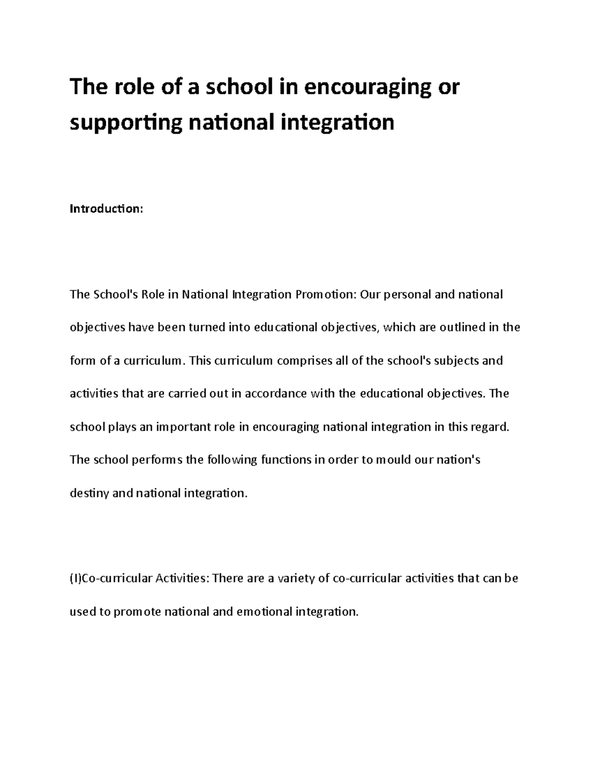The role of a school in encouraging or supporting national integration ...