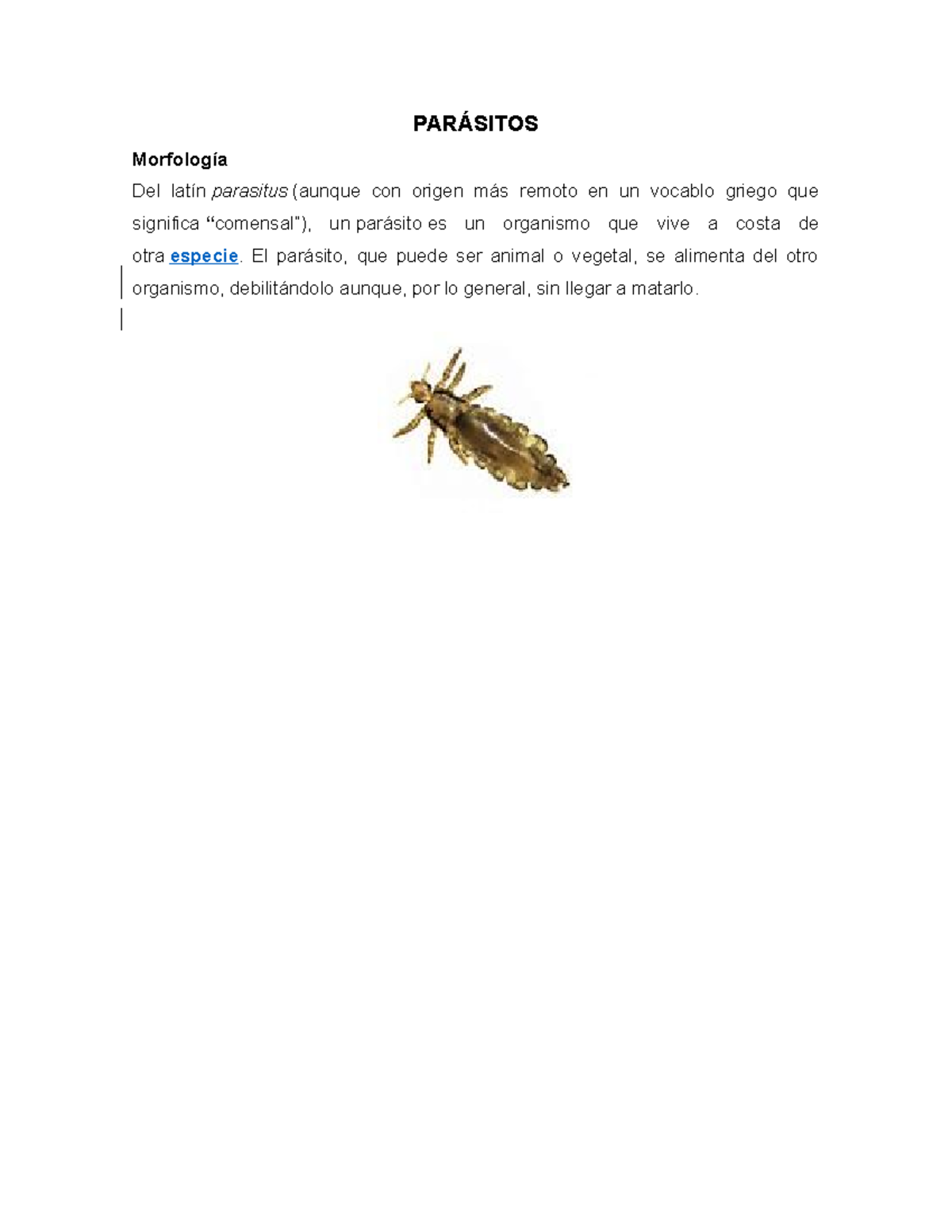 Parásitos - PARÁSITOS Morfología Del latín parasitus (aunque con origen ...