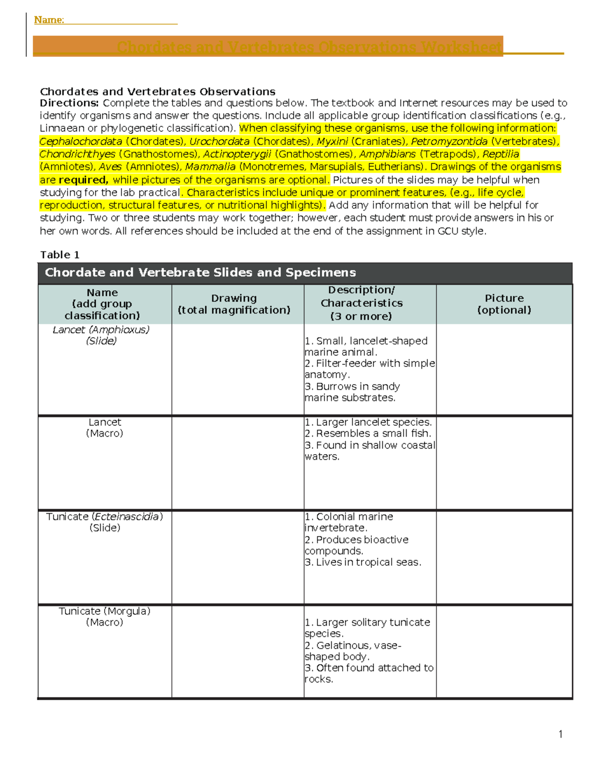 Bio182-08.01-worksheet Vertebrates (1) - Chordates and Vertebrates ...