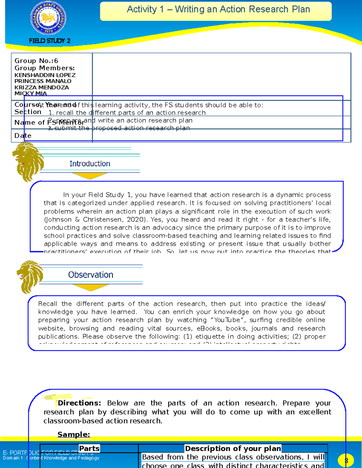 FS-2-Activity-1 - FS-2-Activity-1 - E- PORTFOLIO FOR FIELD STUDY 2 Domain 1: Content Knowledge ...
