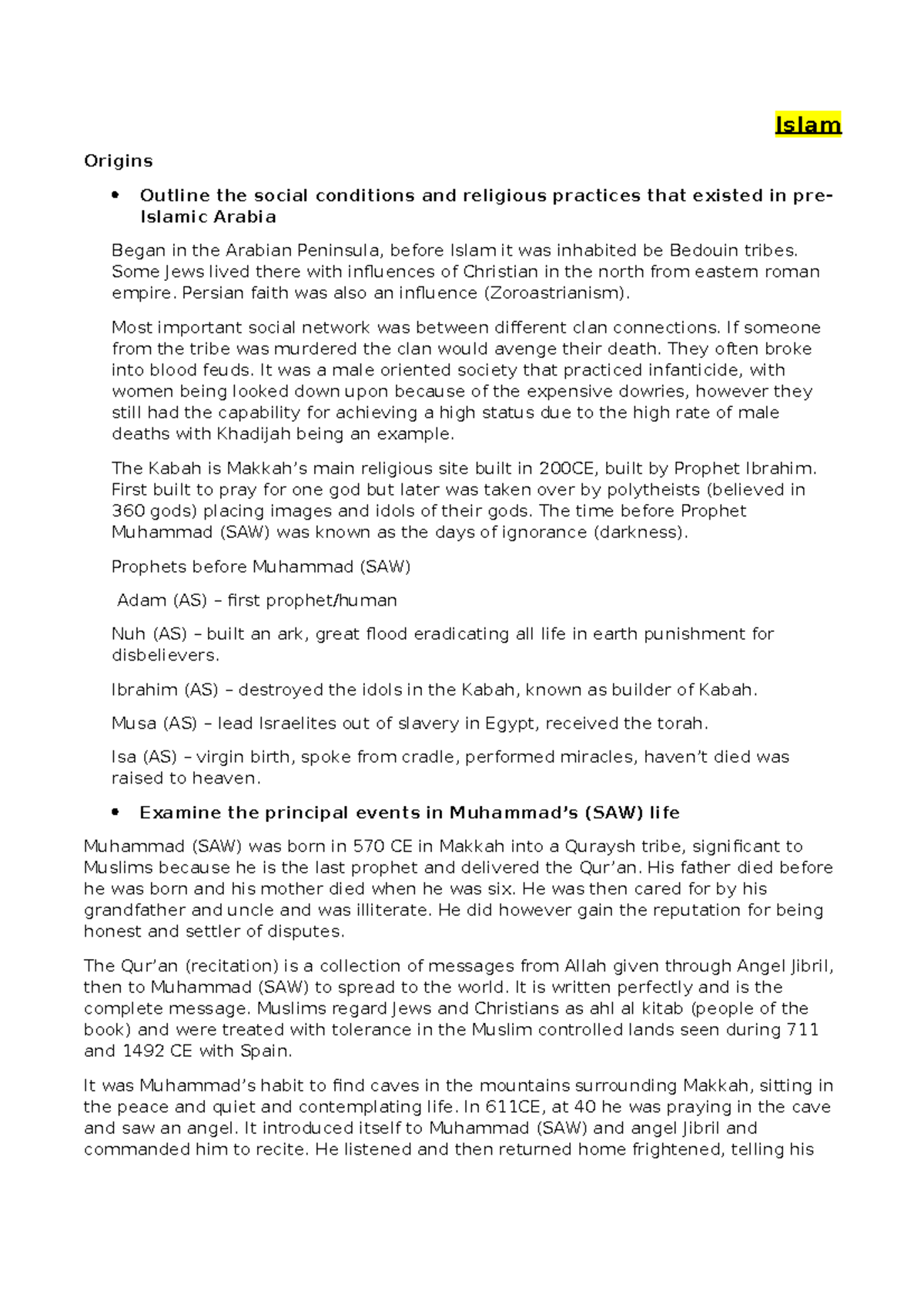 Islam studies of religion notes - Islam Origins Outline the social ...