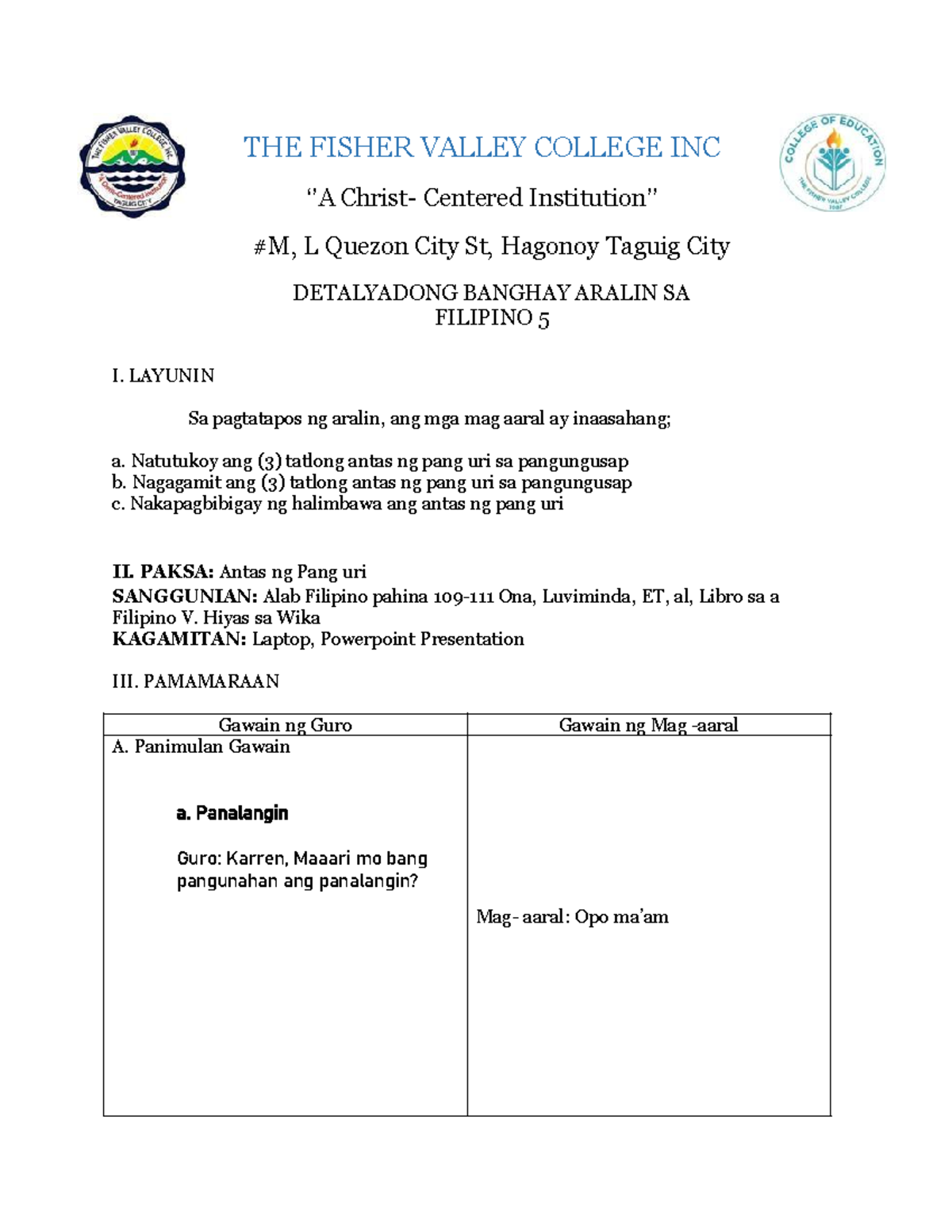 Detalyadong banghay aralin sa filipino 5 - THE FISHER VALLEY COLLEGE ...
