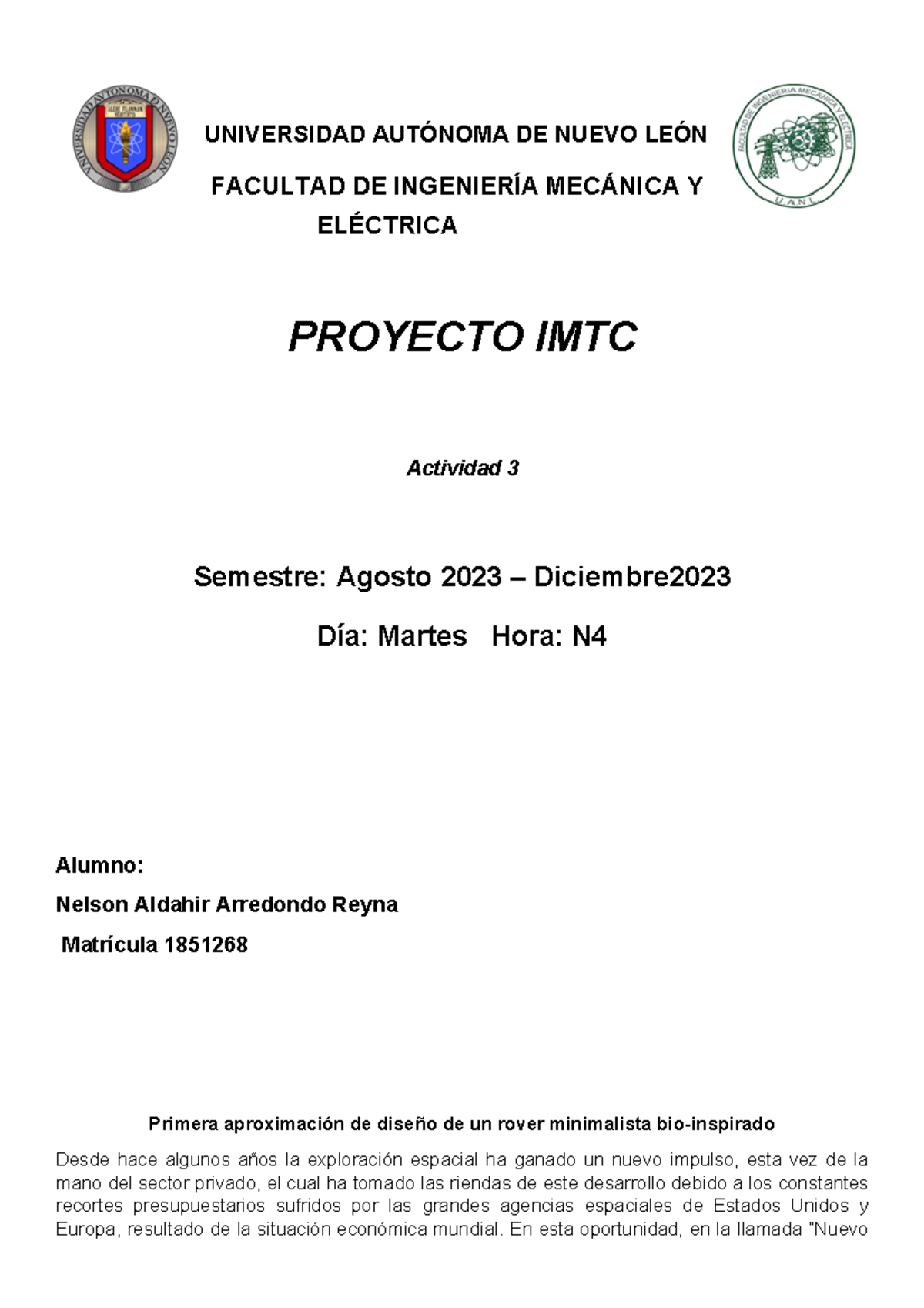 Act 3 proyecto imtc - Actividad 3 - UNIVERSIDAD AUTÓNOMA DE NUEVO LEÓN ...