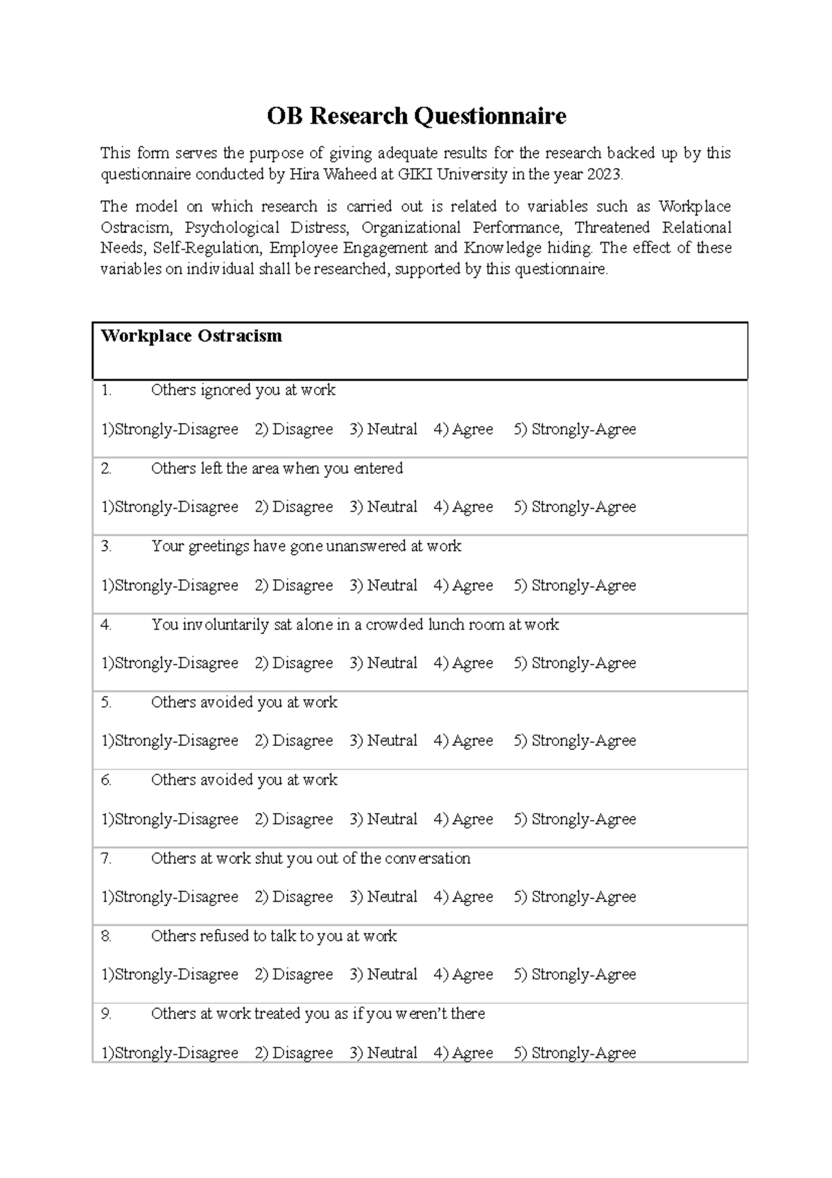 OB Research Questionnaire Hira waheed - OB Research Questionnaire This ...