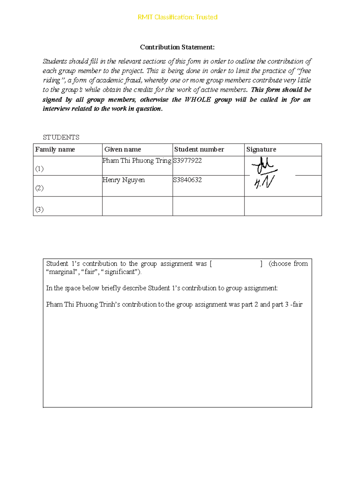 Contribution Statement - RMIT Classification: Trusted Contribution ...