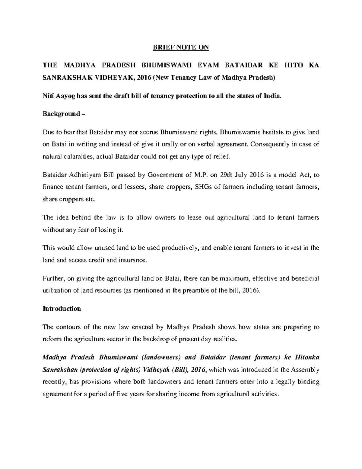 Brief Note On MP Tenancy Bill BRIEF NOTE ON THE MADHYA PRADESH