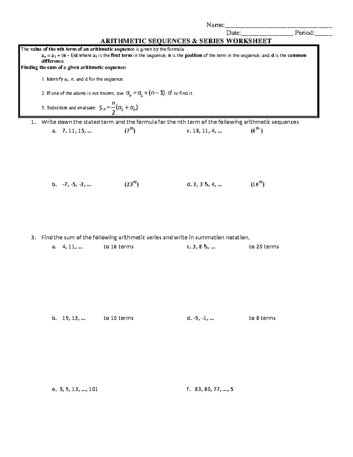 Arithmetic series worksheet - Name:_______________________________ Date ...
