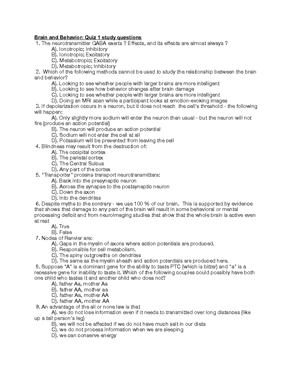 PSY 320 QUIZ 1 Study Questions - Brain and Behavior: Quiz 1 study ...