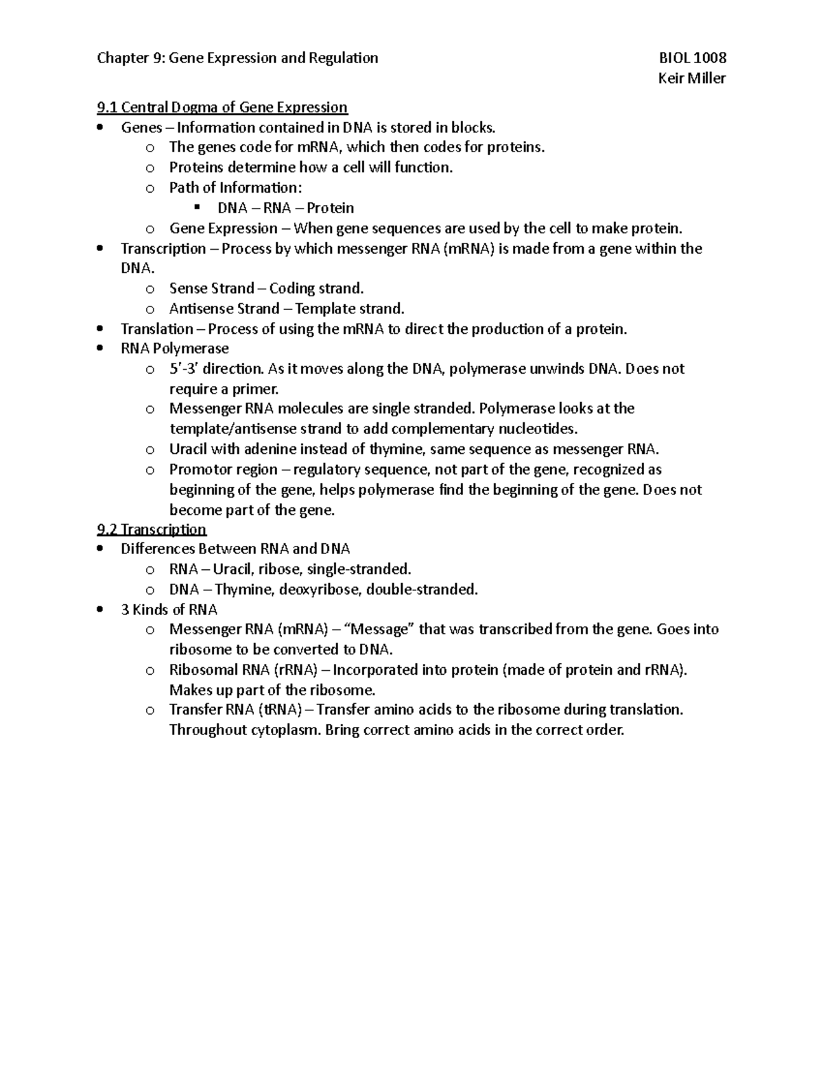 Ch. 9 Notes - Wendi Roscoe - Chapter 9: Gene Expression and Regulation ...