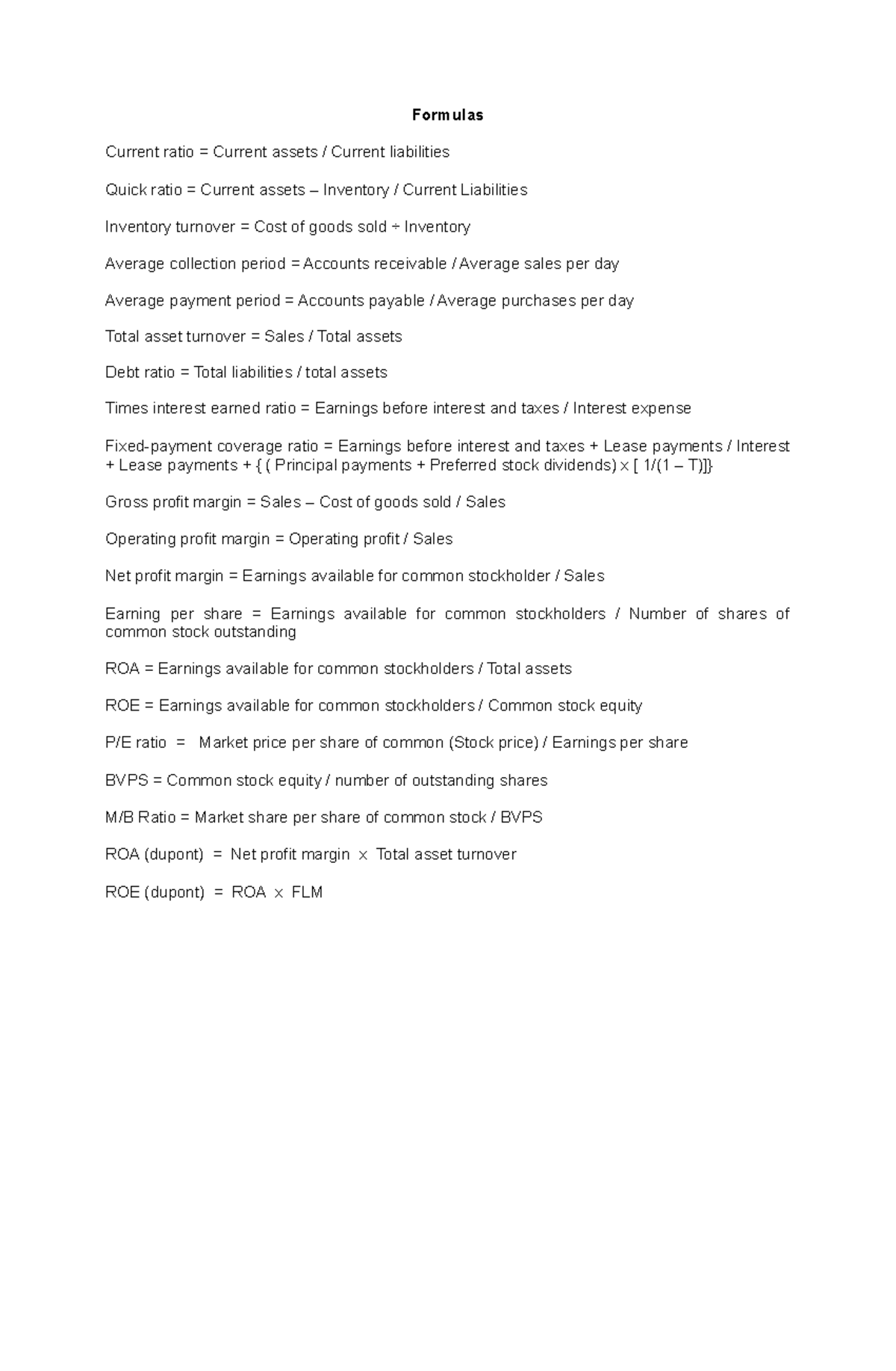 Finman Formulas - Financial Management, Financial Ratio - Formulas Current ratio = Current ...