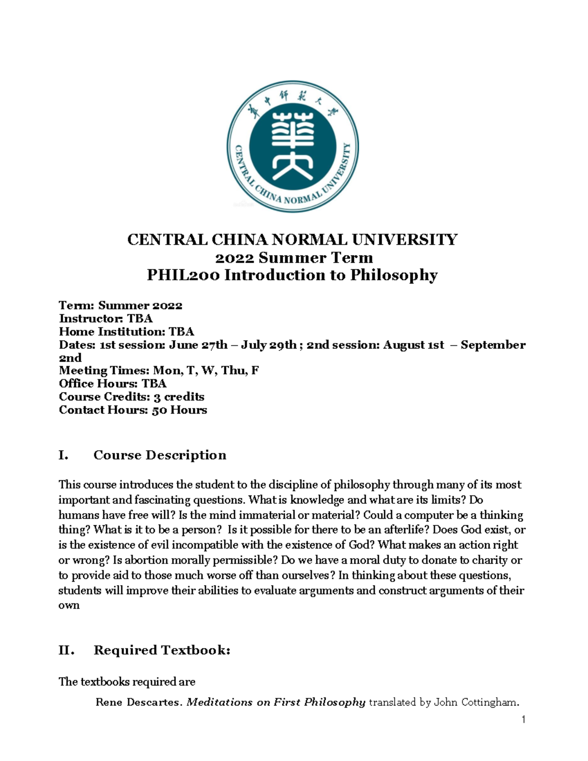 PHIL200 Intro to philosophy Summer 2022 - CENTRAL CHINA NORMAL ...