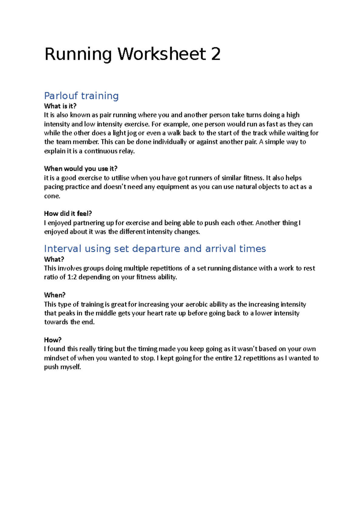 Running Worksheet 2 - For example, one person would run as fast as they ...