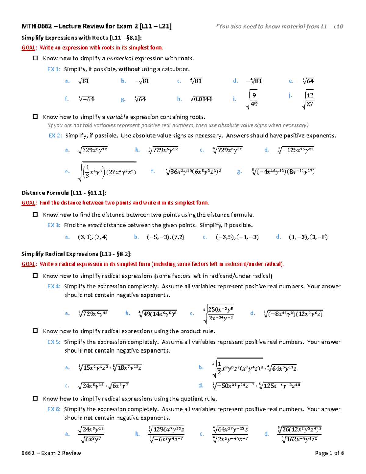 MTH 0662 W22 - Exam 2 - Lecture Review - MTH 0662 – Lecture Review for ...