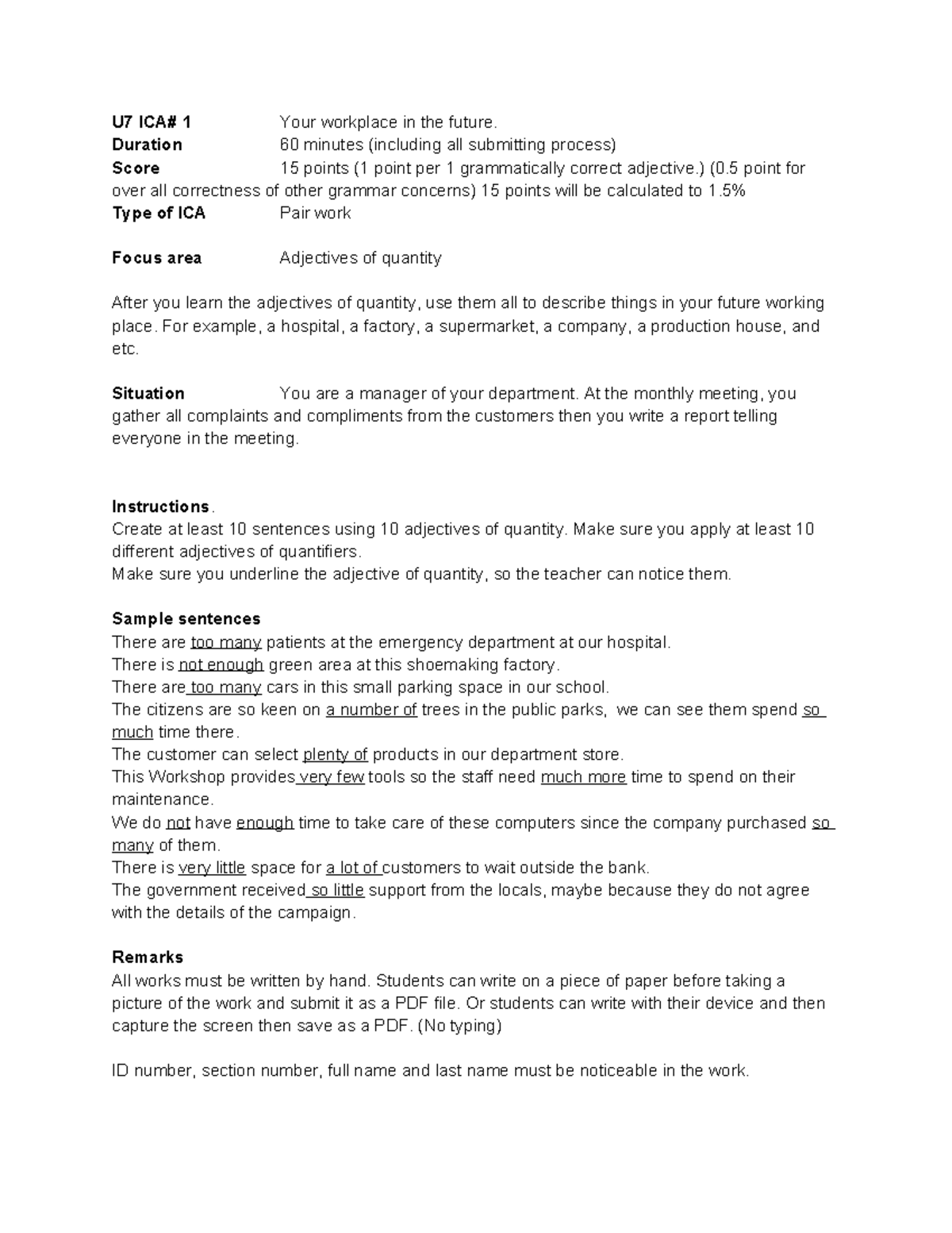 Copy of Unit 7 In Class Assignments + Task - U7 ICA# 1 Your workplace in the future. Duration 60 ...