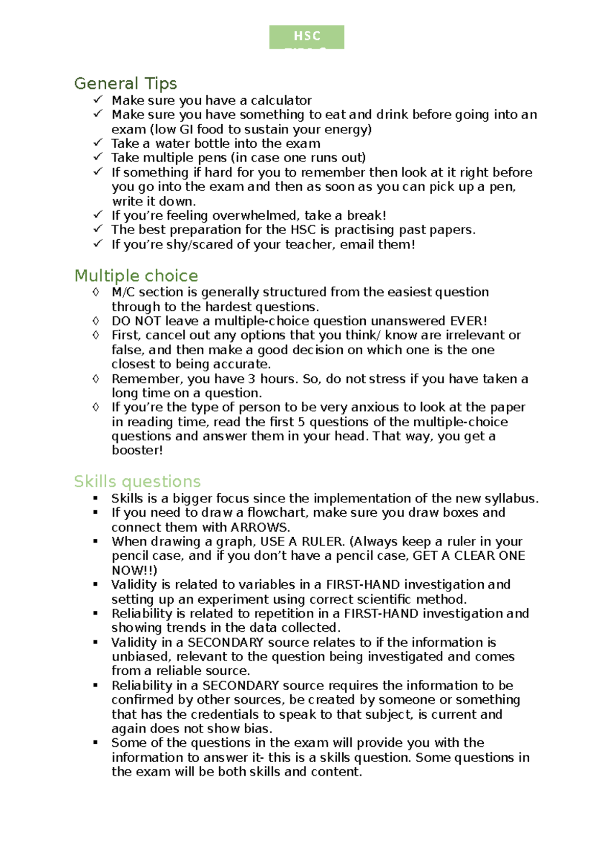 3Ek O hsc tips and tricks - General Tips Make sure you have a ...