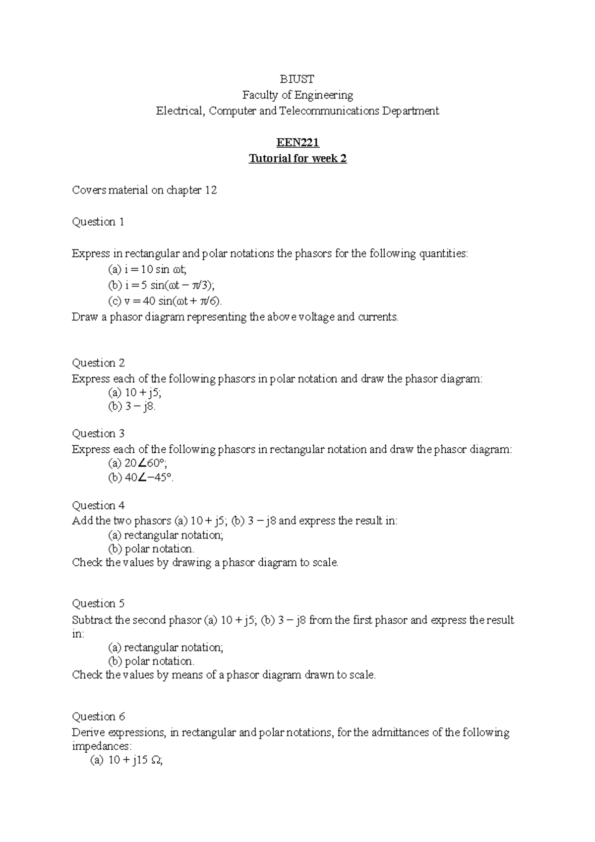 Tutorial Week02 chpt12 - BIUST Faculty of Engineering Electrical ...