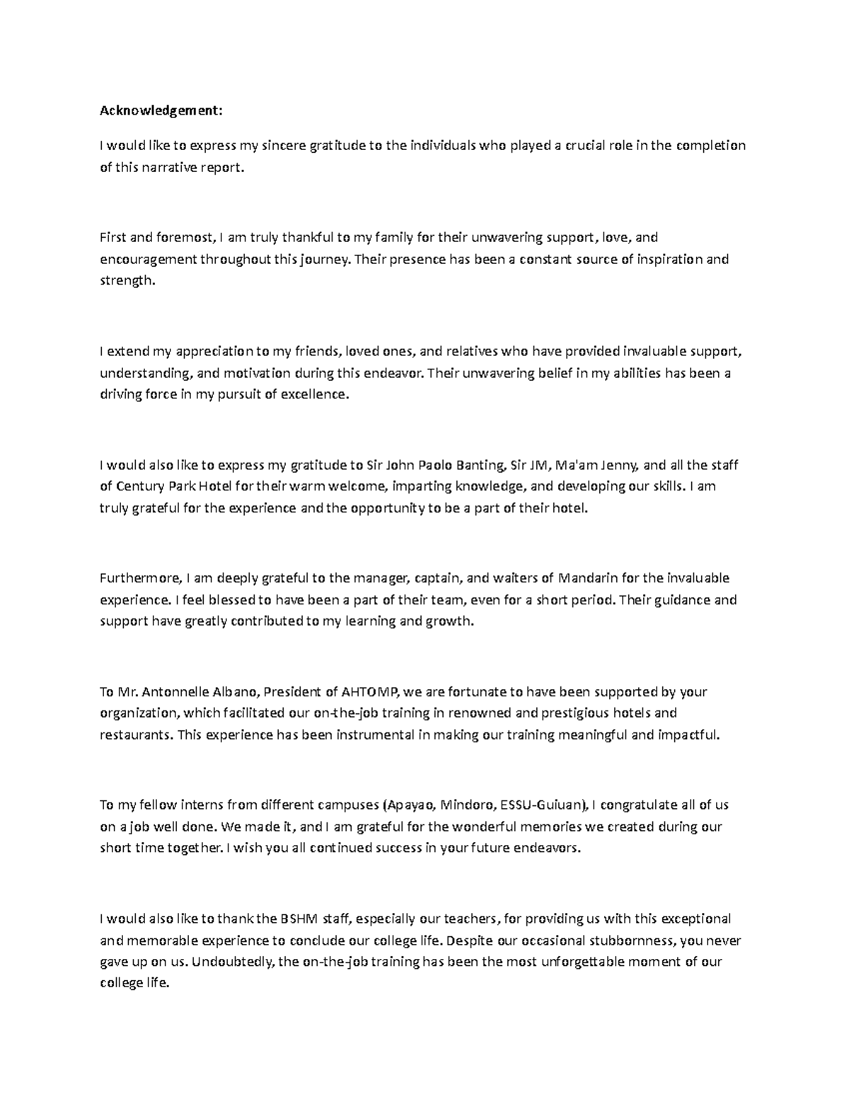 Narrative Report - Acknowledgement: I would like to express my sincere ...