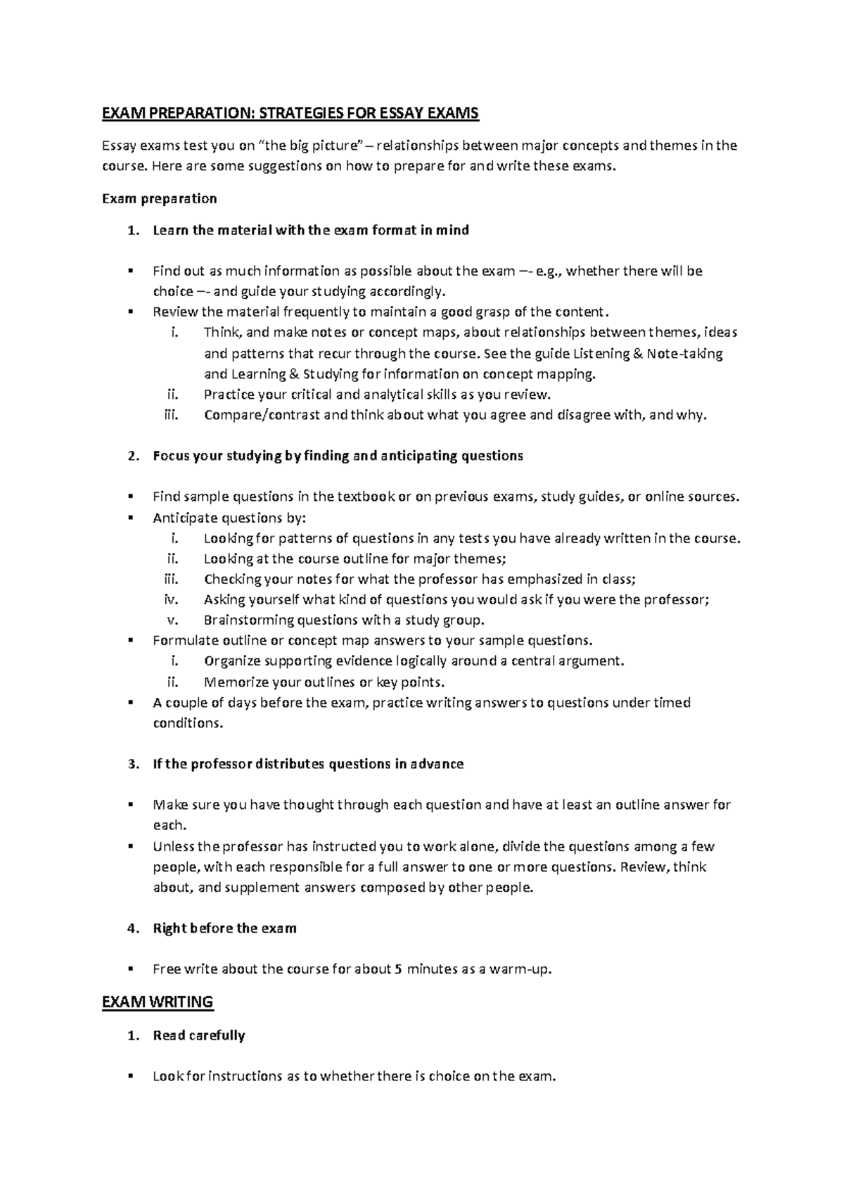 Essay EXAM Preparation - EXAM PREPARATION: STRATEGIES FOR ESSAY EXAMS ...