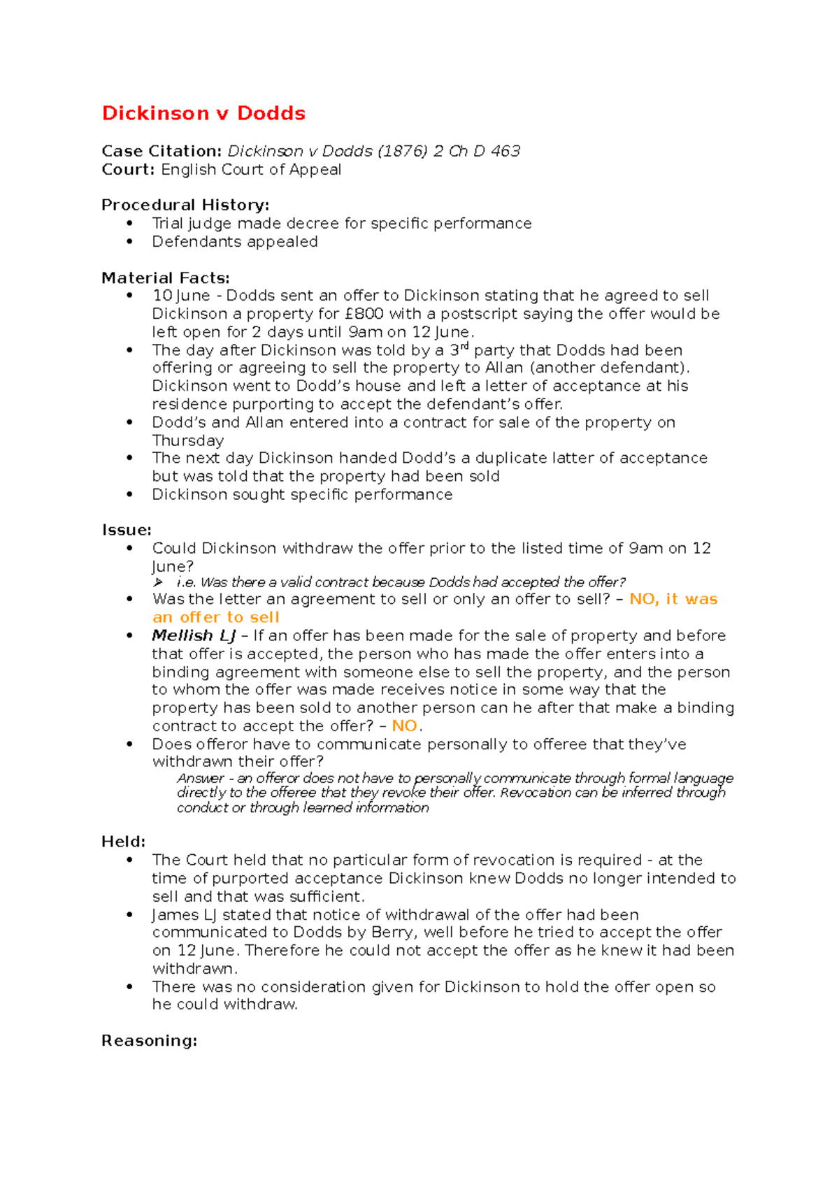 Dickinson v Dodds Case Summary - Dickinson v Dodds Case Citation ...