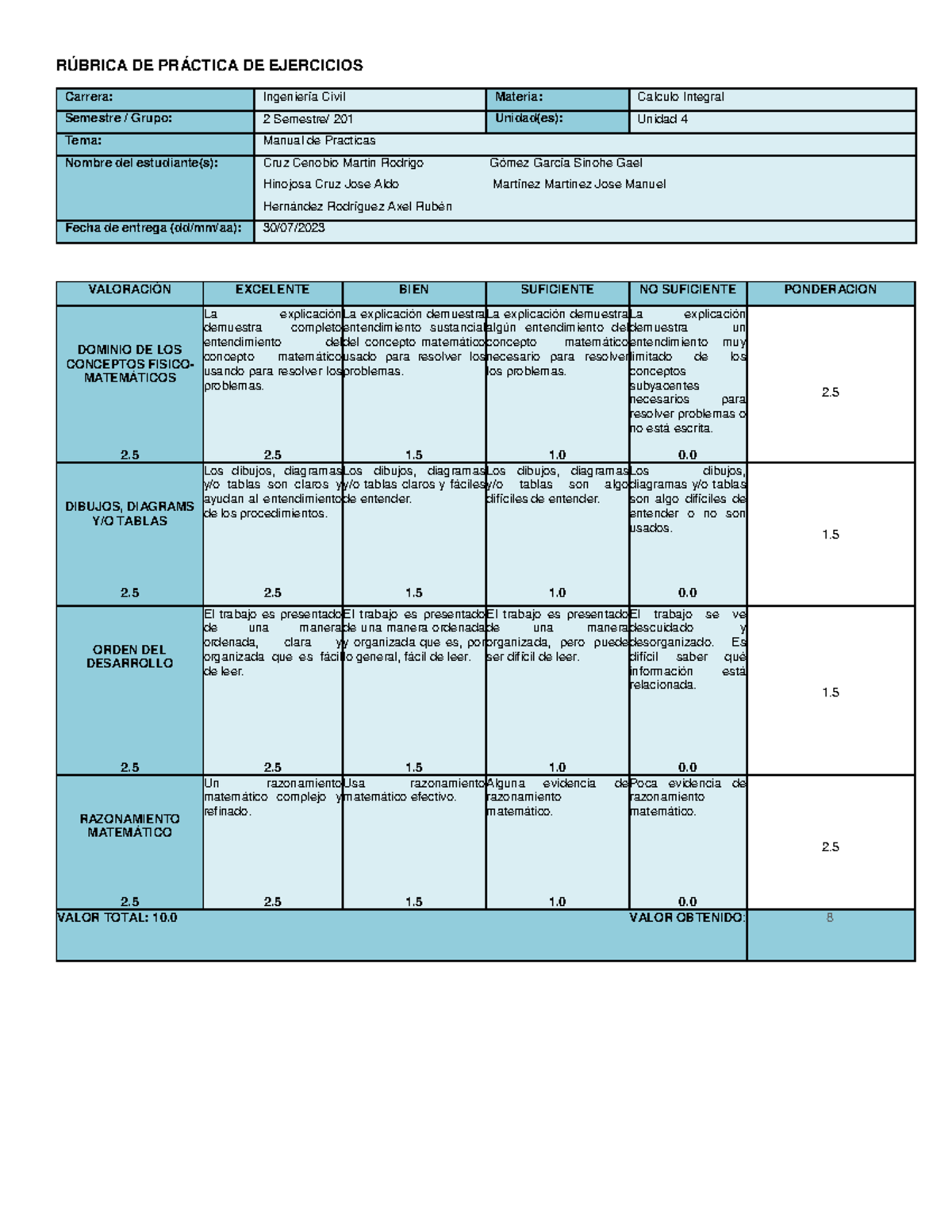 Rubrica Práctica DE Ejercicios - RÚBRICA DE PRÁCTICA DE EJERCICIOS Carrera: Ingeniería Civil ...