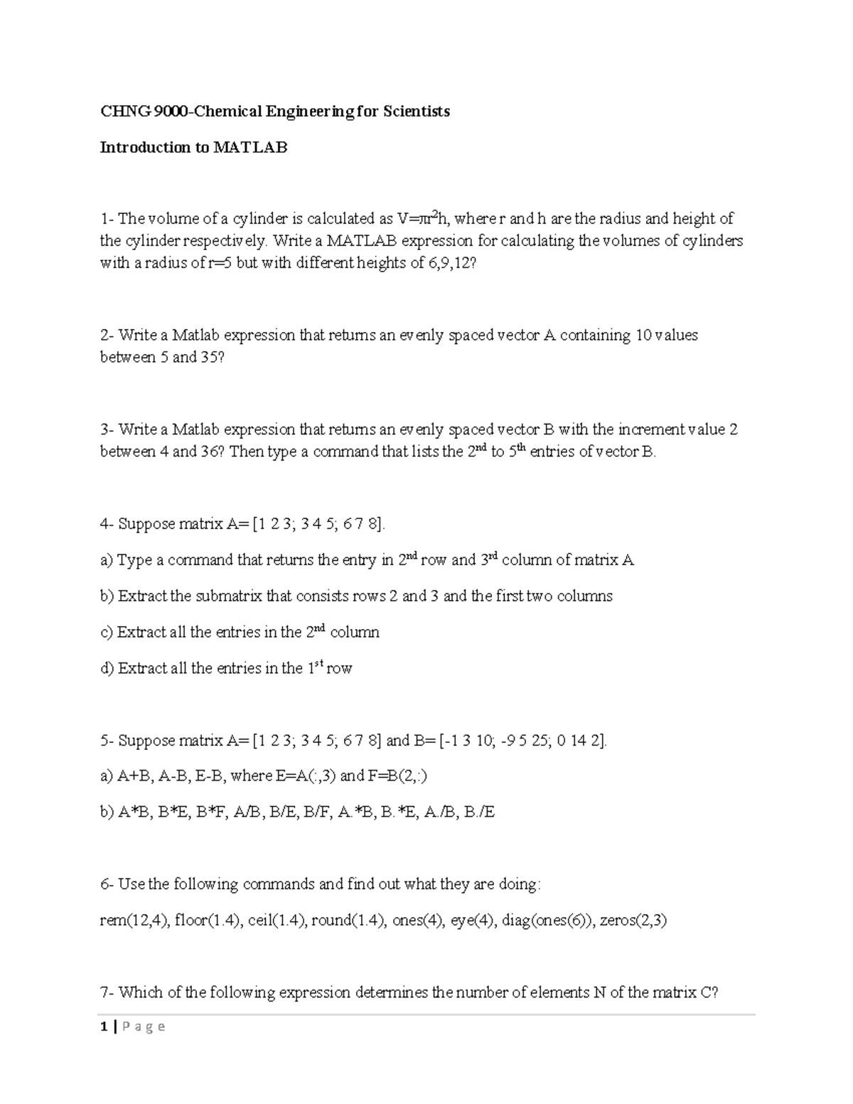 Matlab tutorial handout - CHNG 9000-Chemical Engineering for Scientists ...