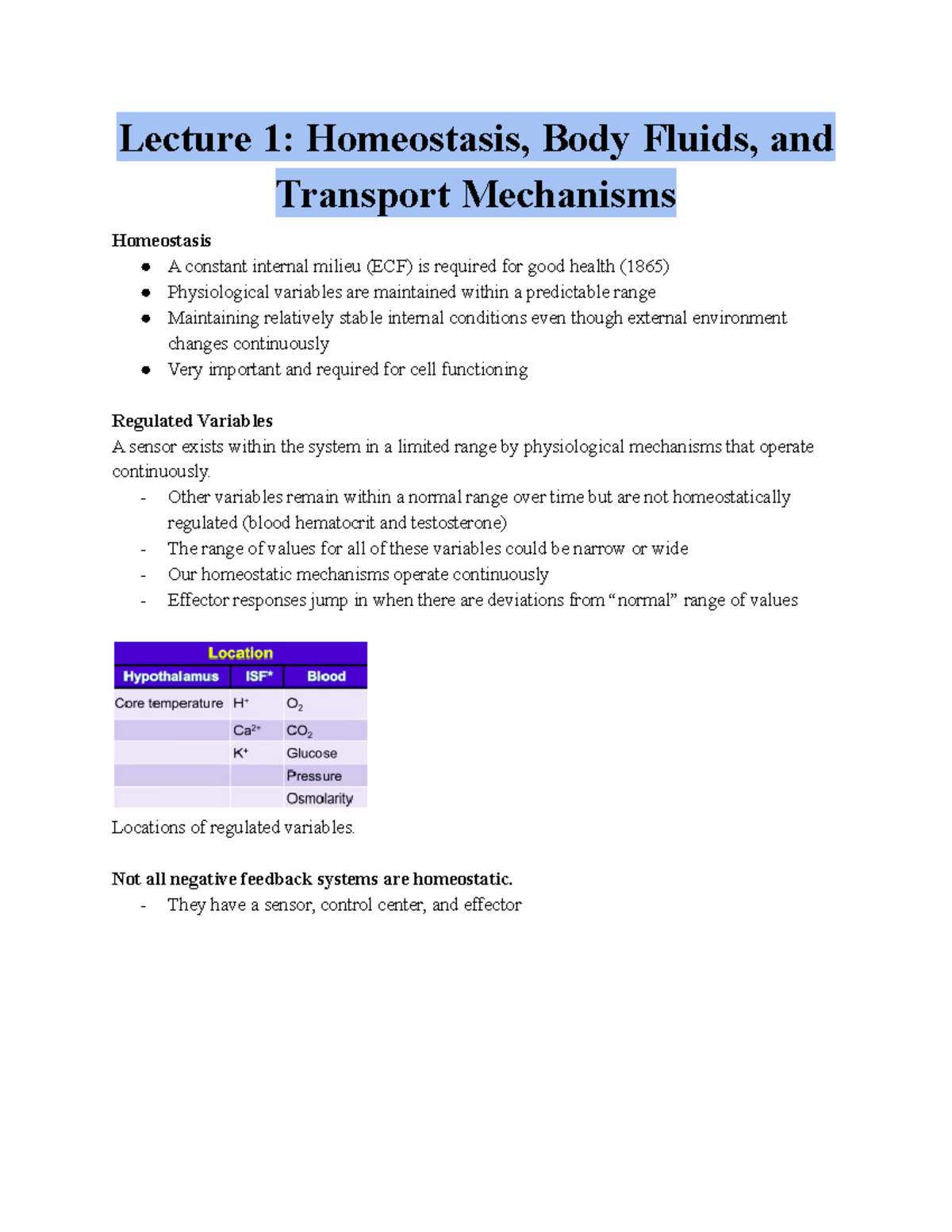 PHS3341 Notes - Lecture 1: Homeostasis, Body Fluids, and Transport ...