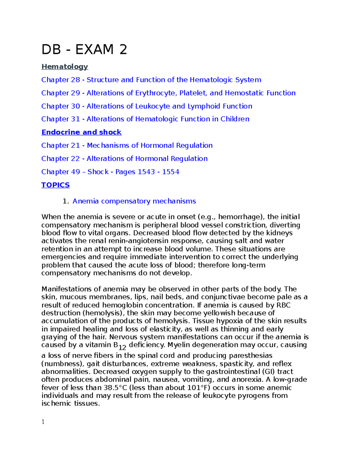 Exam 2 review - DB - EXAM 2 Hematology Chapter 28 - Structure and Function of the Hematologic ...