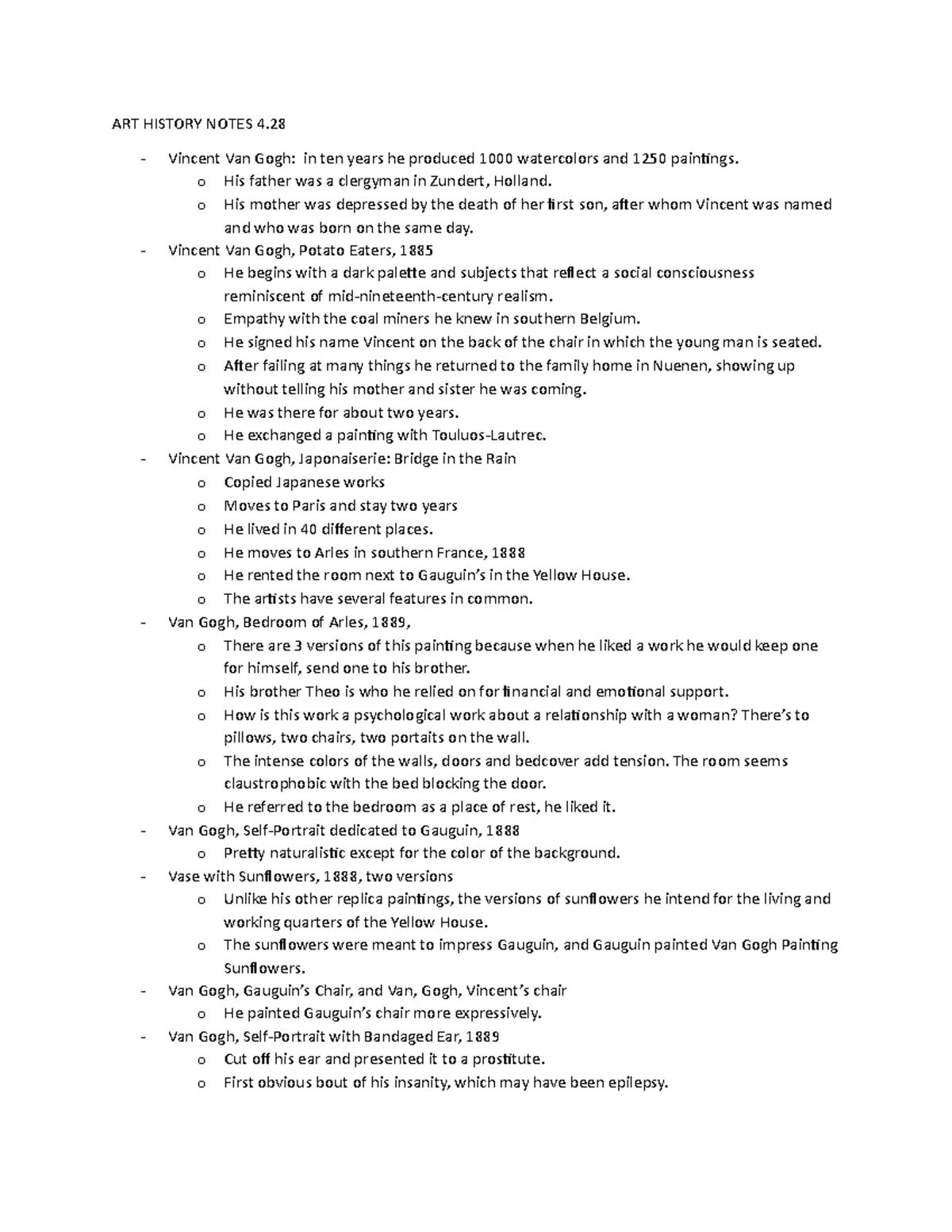 ART History Notes - ART HISTORY NOTES 4. Vincent Van Gogh: in ten years ...