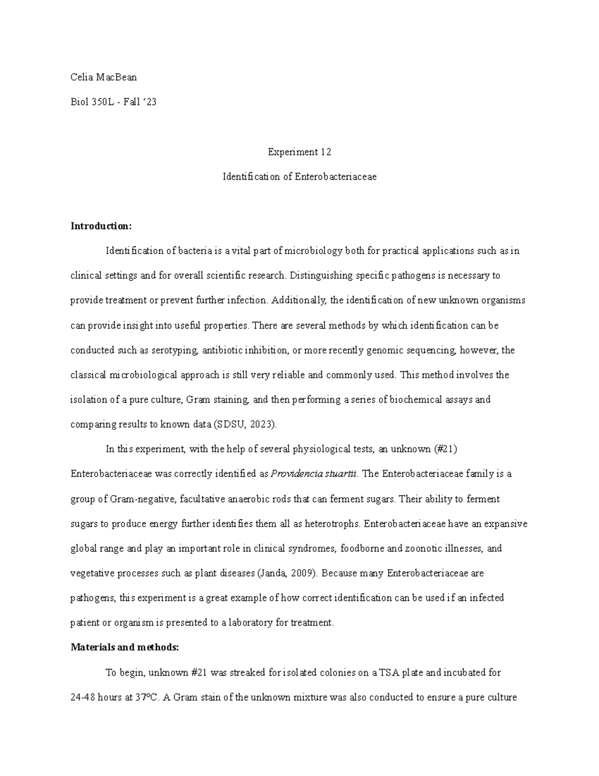 Exp 12 post lab essay - Celia MacBean Biol 350L - Fall ‘ Experiment 12 ...