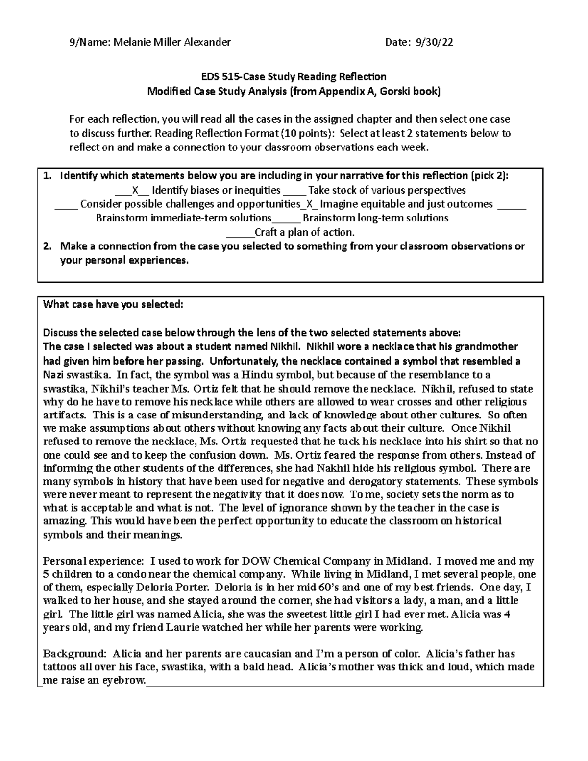 Homework 515-Modified Case Study Analysis Reflection - 9/Name: Melanie ...
