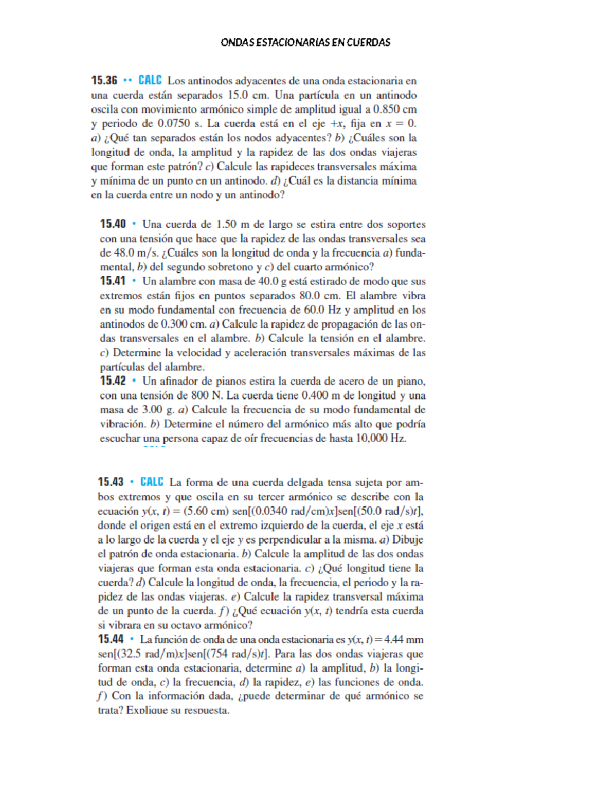 Taller Ondas Estacionarias - ONDAS ESTACIONARIAS EN CUERDAS 15 CALC Los ...
