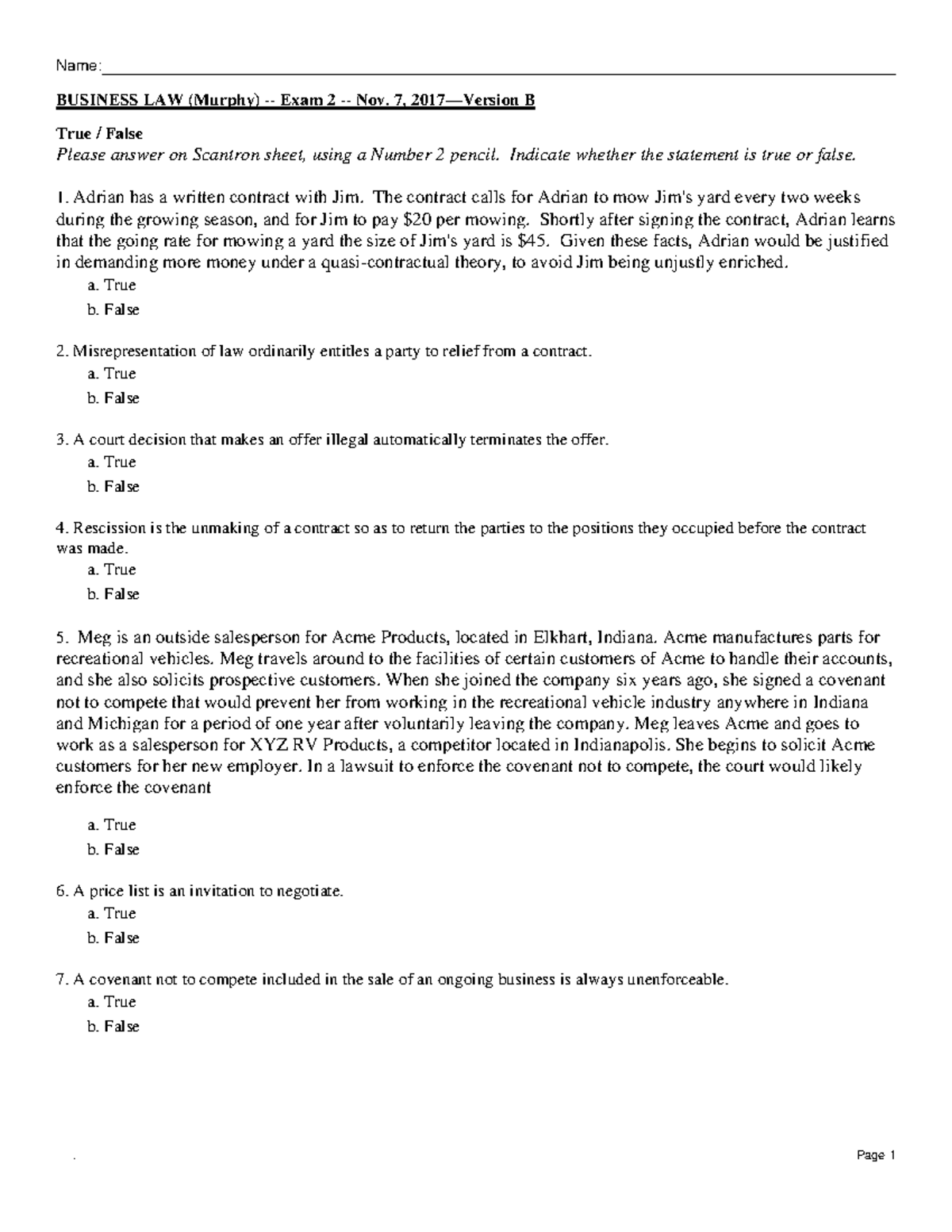 Ex2f17 - Practice exam material from Prof. Tonya Murphy's Business Law ...
