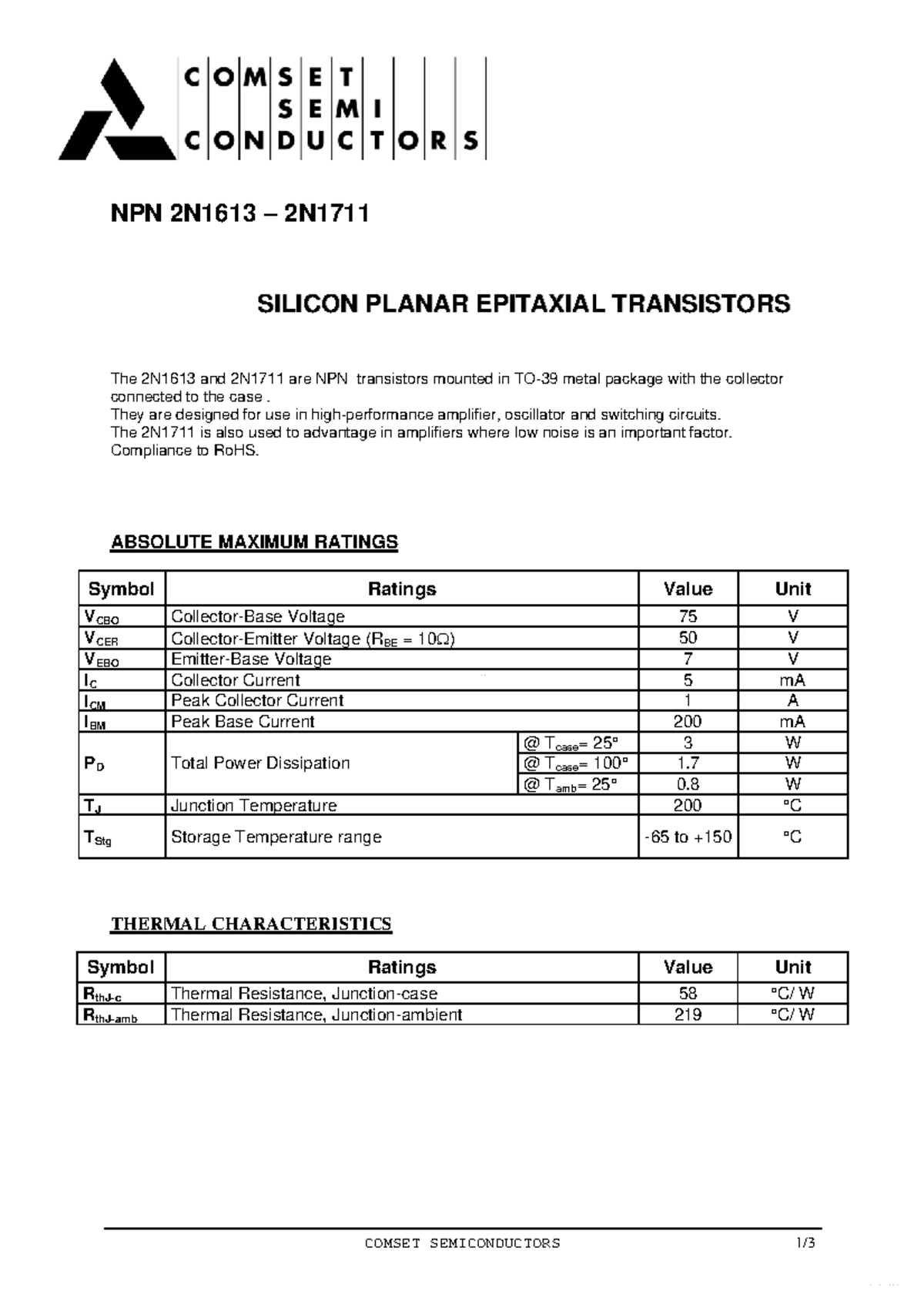 2N1613 Comset Semiconductor - NPN 2N1613 – 2N COMSET SEMICONDUCTORS 1 ...