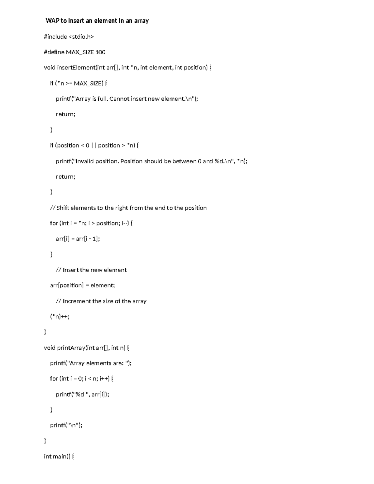 Data strcture lab manual - WAP to insert an element in an array #include #define - Studocu