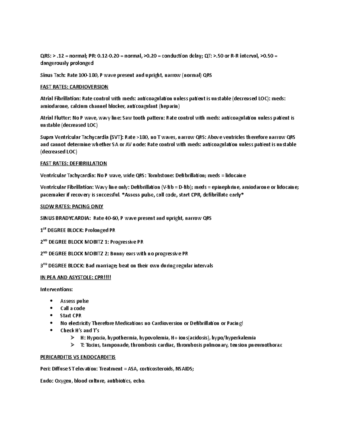 Cardiac Cheat Sheet - Full set of lecture notes. - QRS: > .12 = normal ...