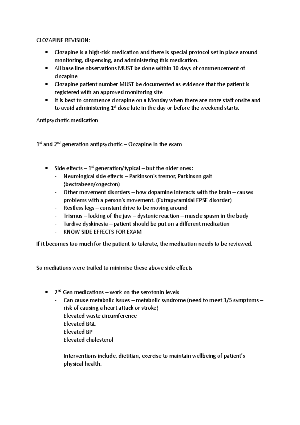 Clozapine Revision - study notes - CLOZAPINE REVISION: Clozapine is a ...