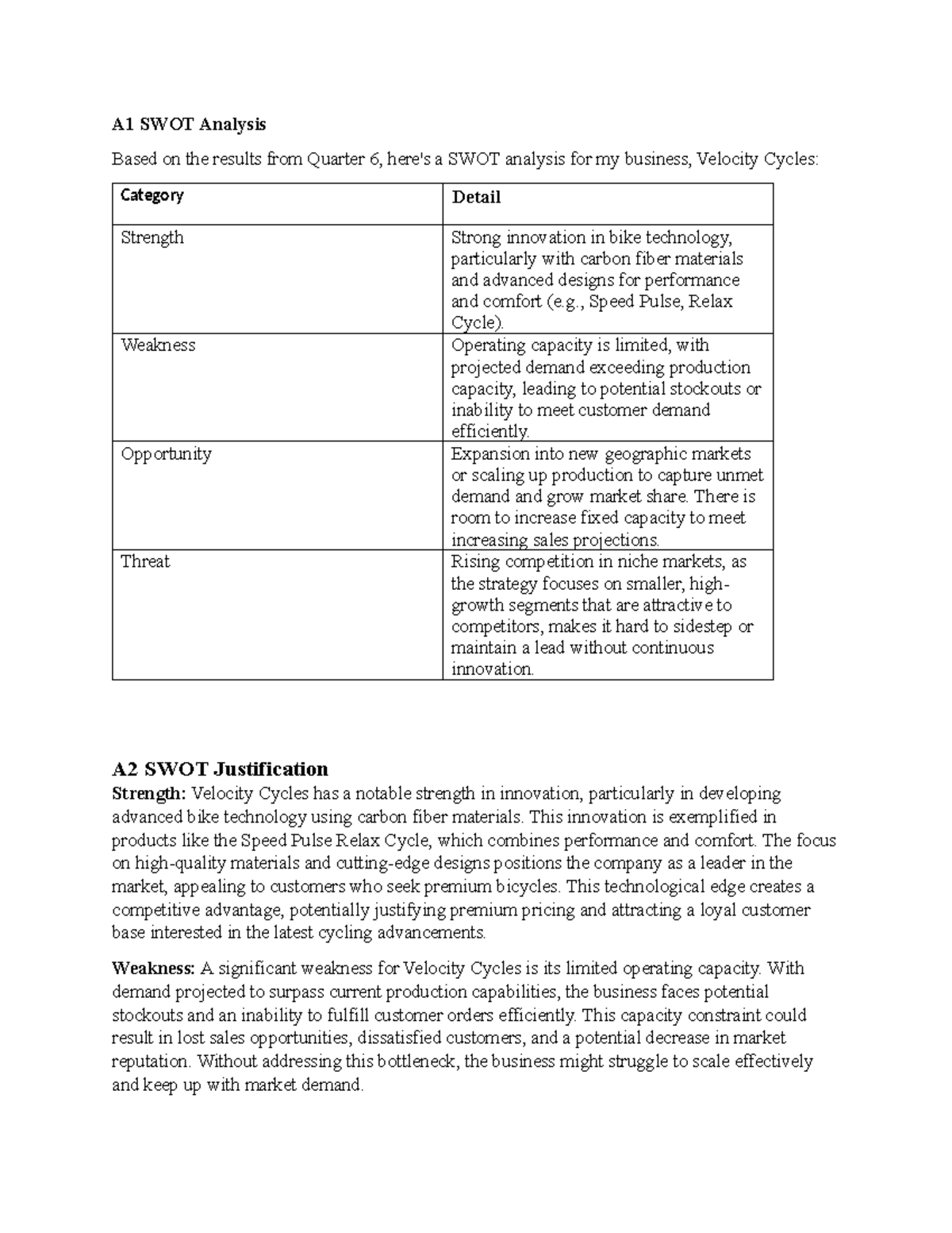 A1 SWOT Analysis - A1 SWOT Analysis Based on the results from Quarter 6 ...