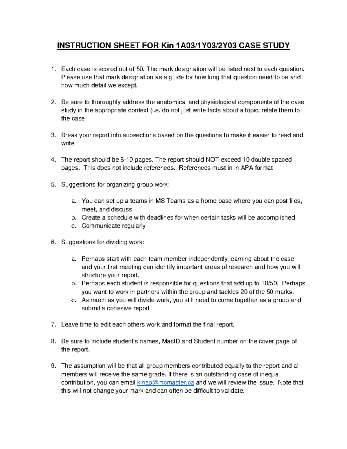Case study instructions - INSTRUCTION SHEET FOR Kin 1A03/1Y03/2Y03 CASE ...