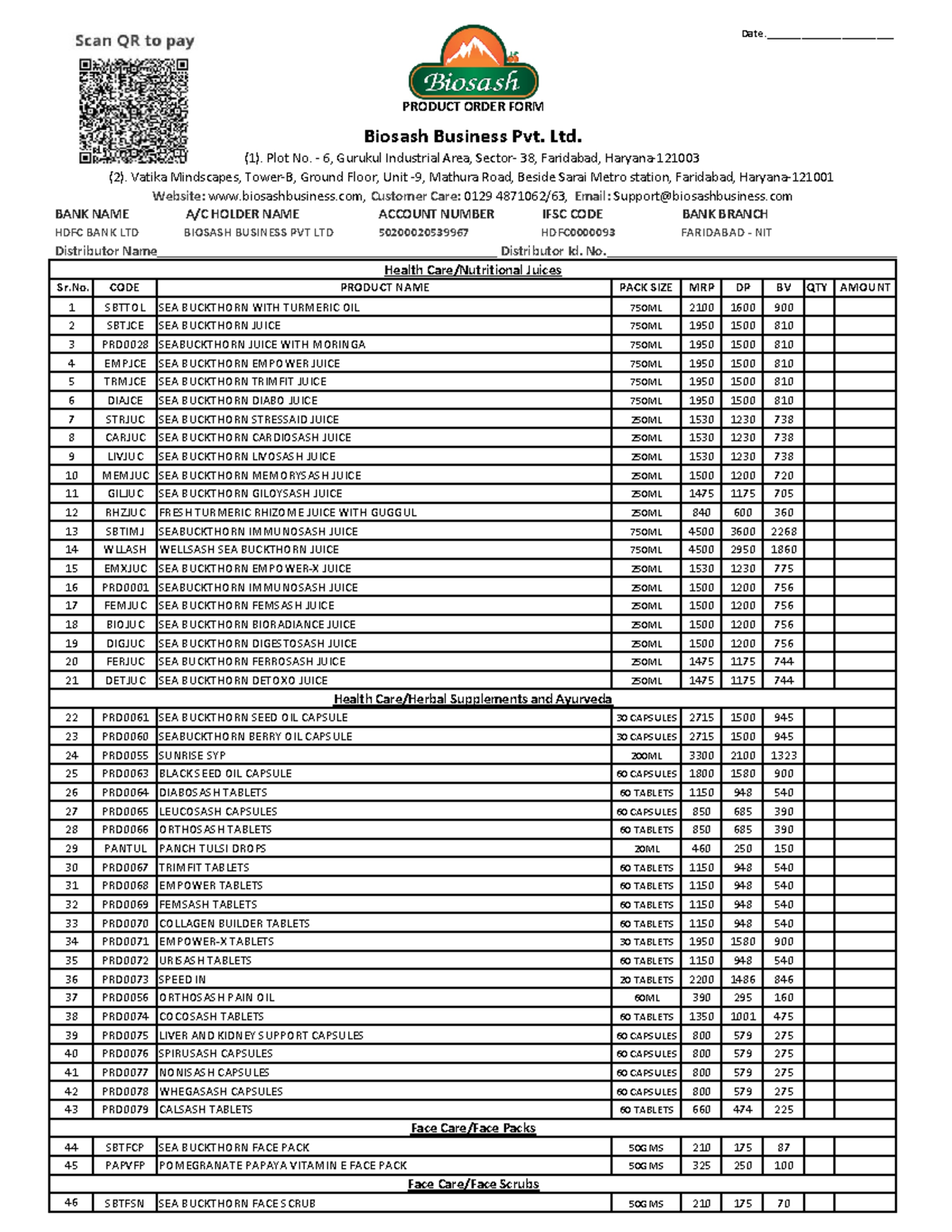 Product Order FORM 16-09-2023 - Sr. CODE PRODUCT NAME PACK SIZE MRP DP ...